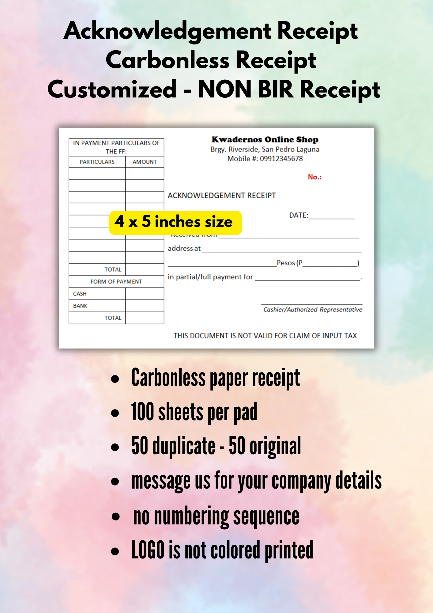 Customized Carbonless Receipt - Sales Invoice, Acknowledgement Receipt ...