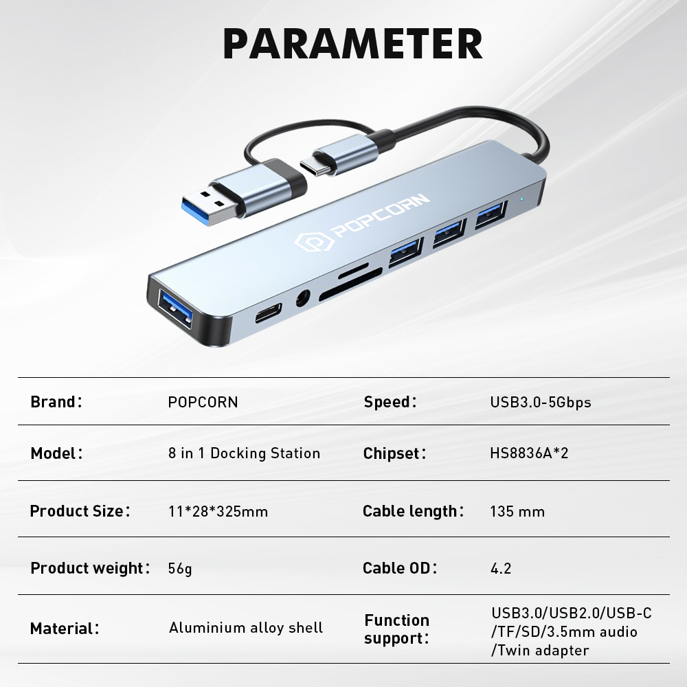 POPCORN 8 in 2 USB +Type C HUB Docking Station with 3.5mm Audio Jack ...
