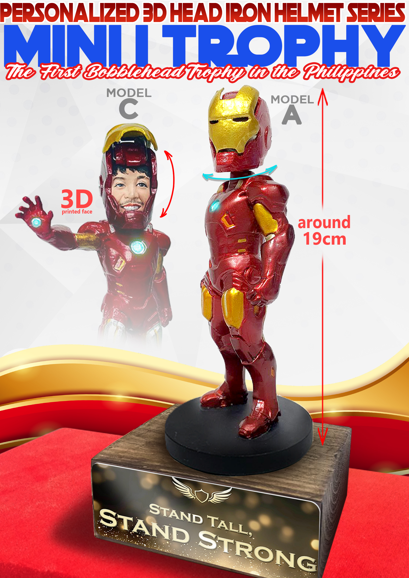 VIP Custom 3D face Iron Helm Trophy - Model D Free Base(w/ Shiny Metal ...