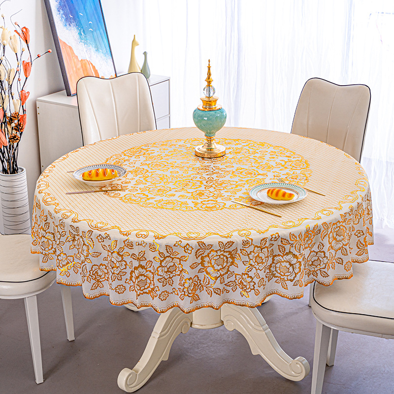 Golden Floral Tablecloth Round Waterproof Oil-Proof Desk Cloth High-end ...