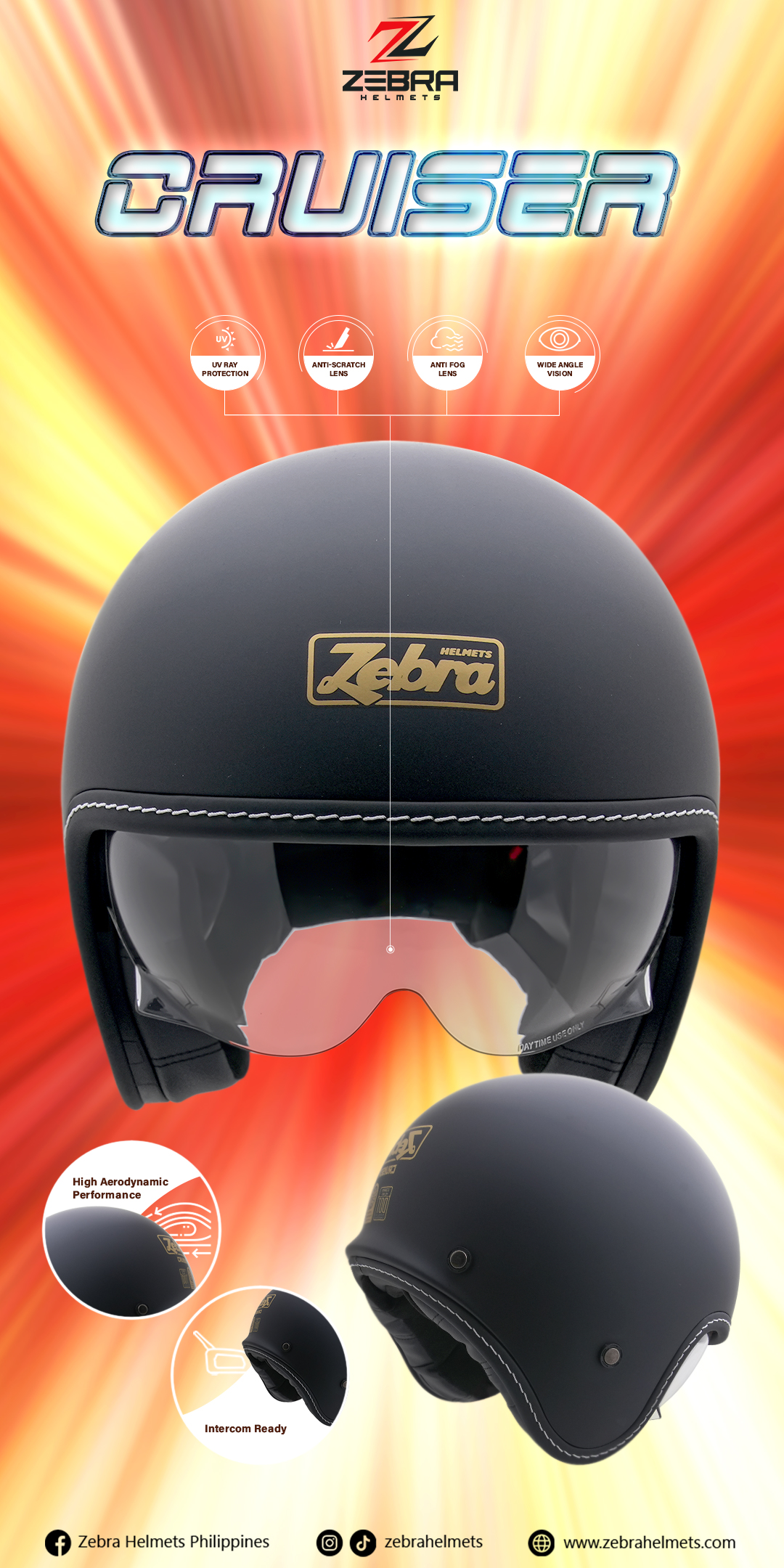 ZEBRA 807 CRUISER classic helmet for motorcycle retro Half Face vintage ...