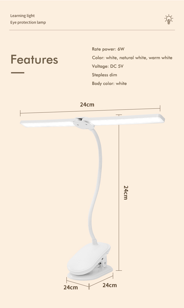 LED Clip Table Lamp Rechargeable Study Desk Lamp USB Wireless Reading ...