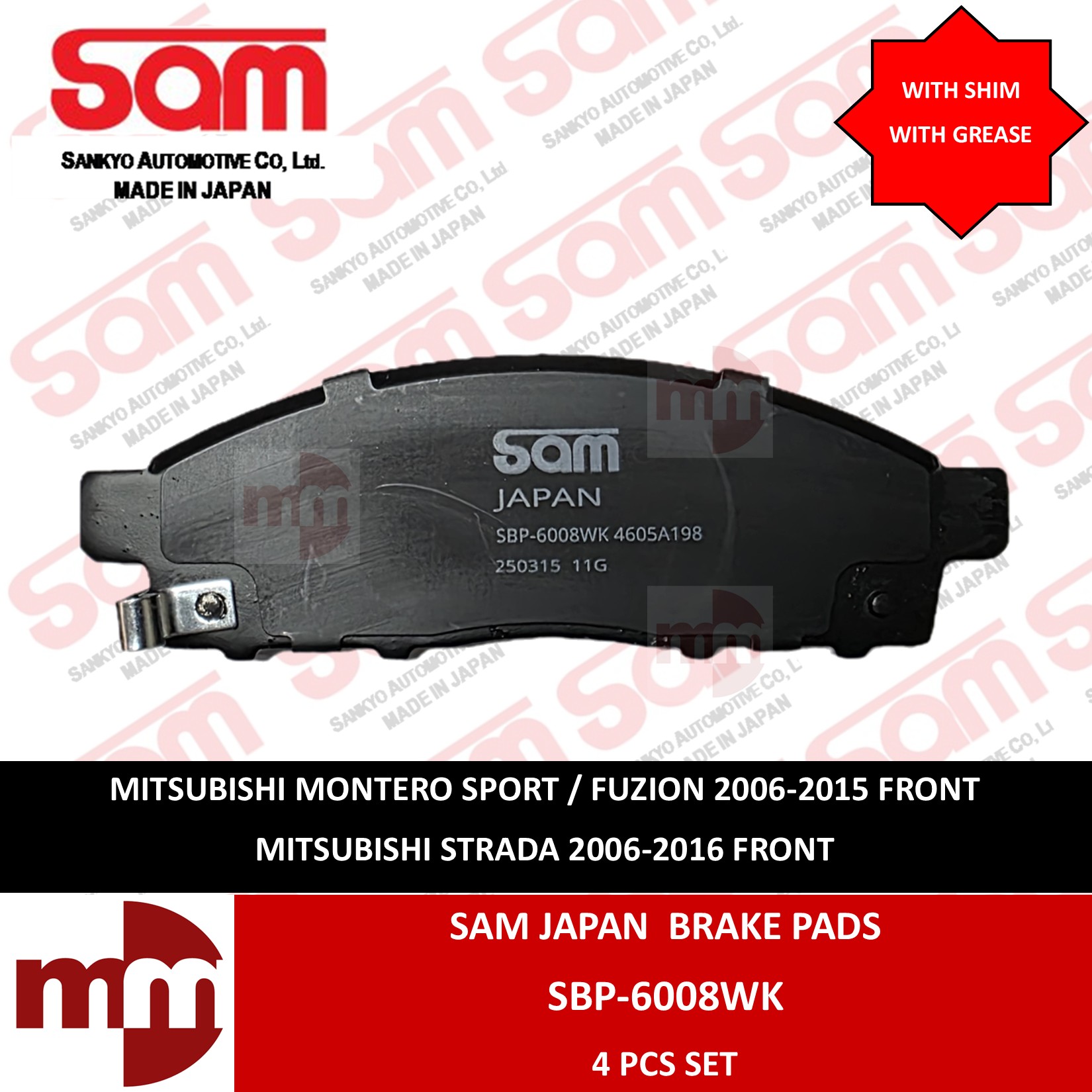 SAM JAPAN Brake Pads for MITSUBISHI MONTERO SPORT 2006-2015 / FUZION / STRADA 2006-2016 FRONT ...