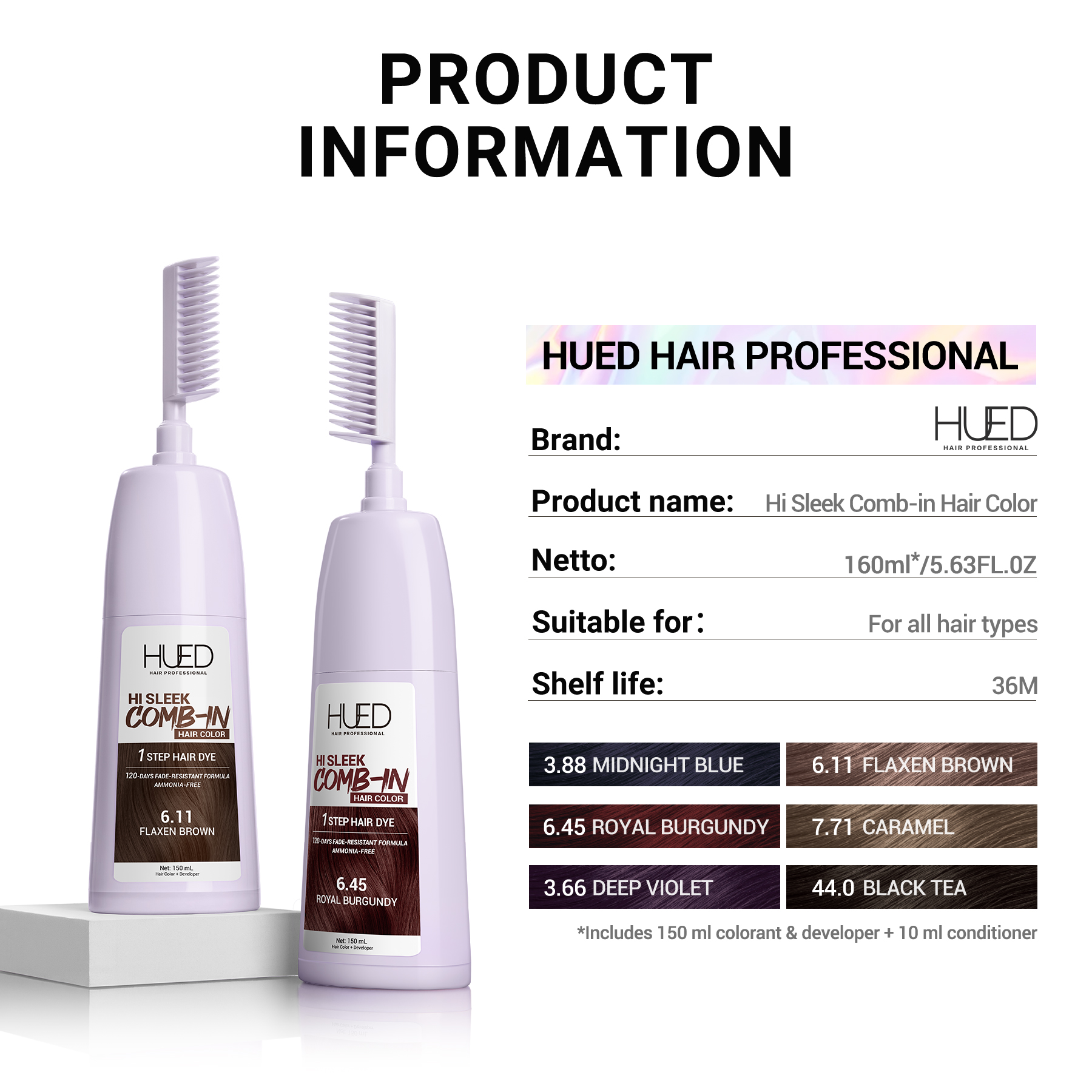 HUED Hi Sleek Comb-in Hair Color - 1 Step Salon-Fresh Formula with ...