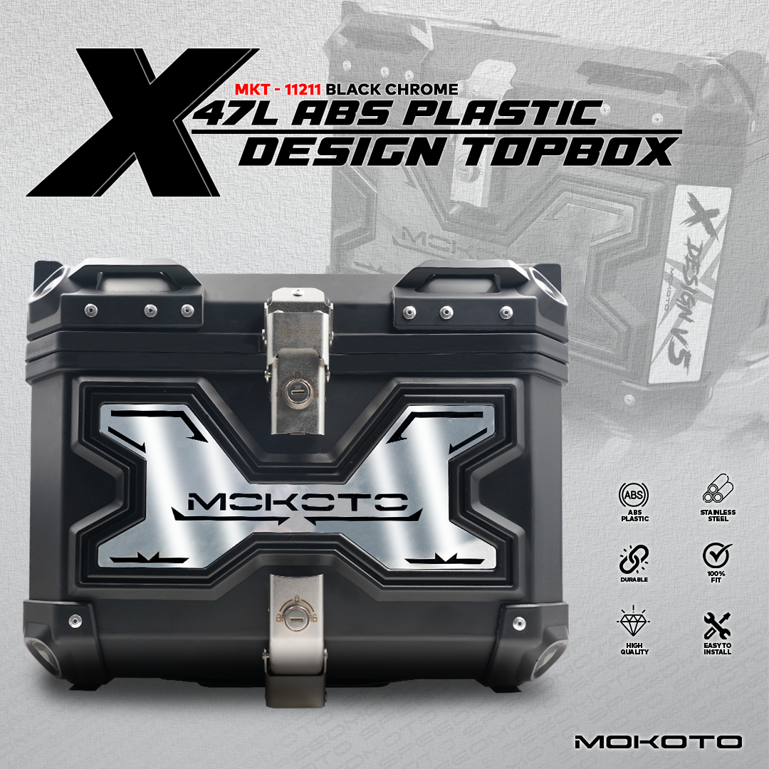 MOKOTO 47L TOP BOX XDESIGN ABS PLASTIC MKT-11211 CHROME BLACK REAR TAIL ...