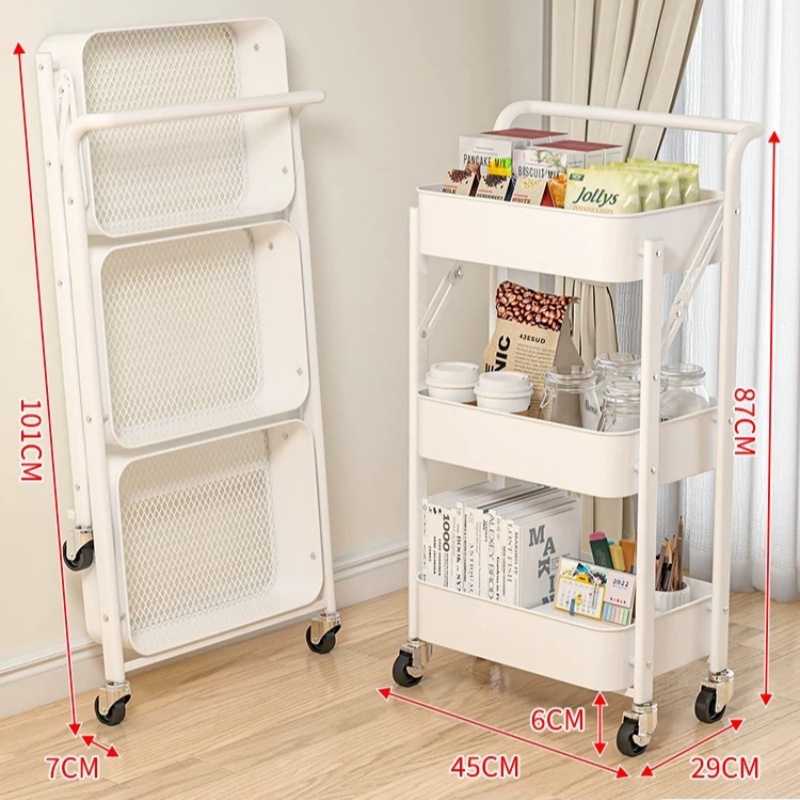 3 Tier Metal Rolling Cart Folding Utility Trolley Cart Organizer ...