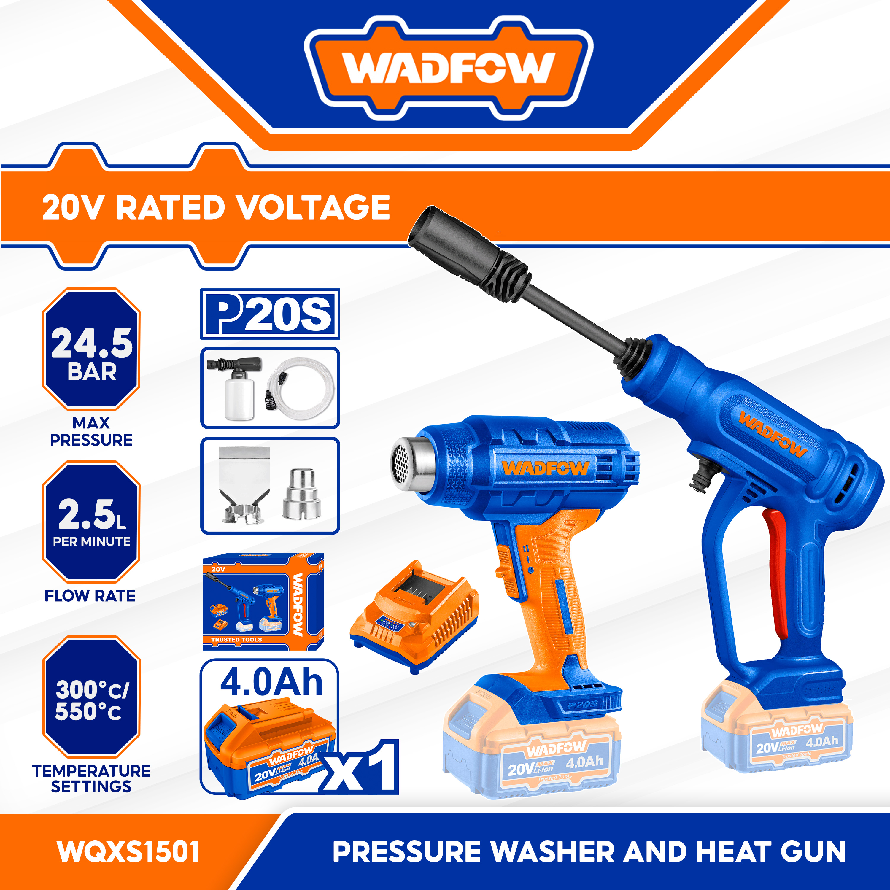 Wadfow P20 Series Li-Ion 2Pcs Combo Kit - Cordless Pressure Washer ...