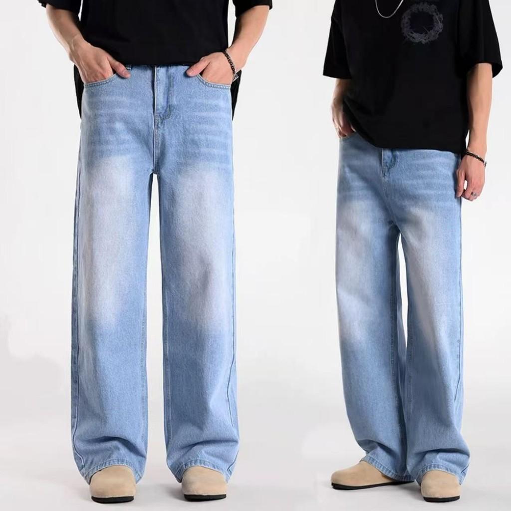 Plus Size Straight Jeans for Man Grey Super Baggy Denim Pants Wide Leg ...