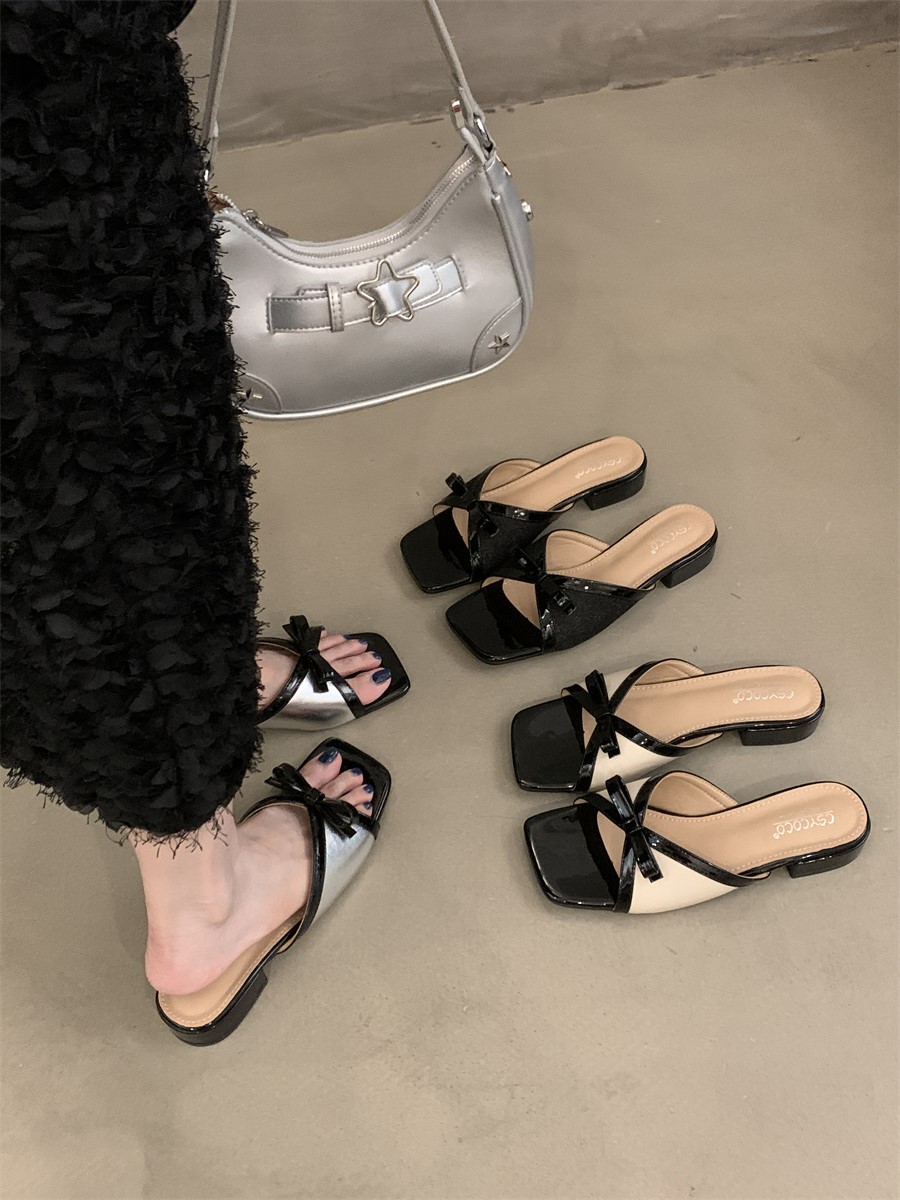 ONEW Korean style retro color-blocked fish mouth bow slip-on sandals ...