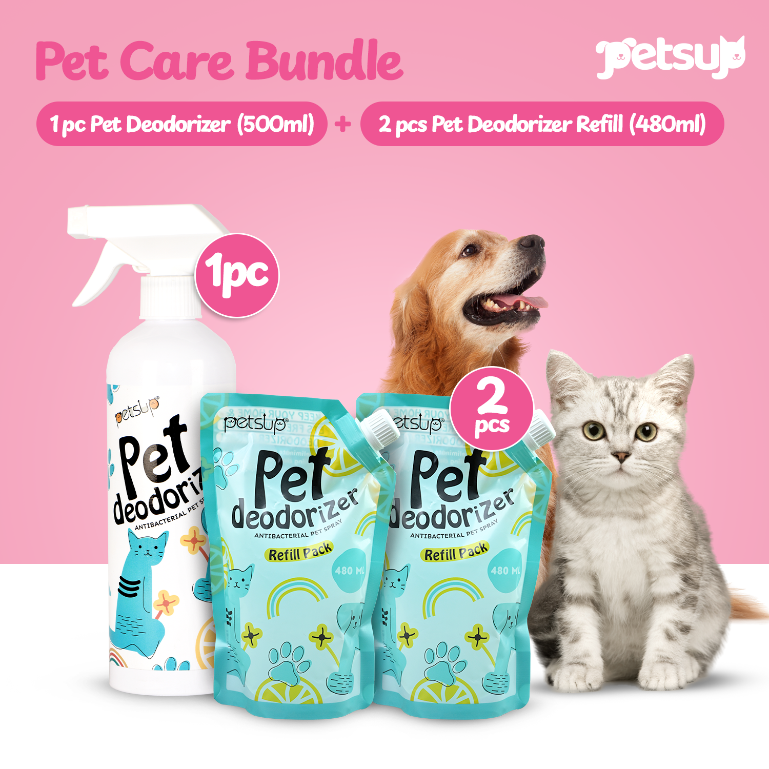 Petsup Dog Pet Care Bundle 1pc Pet Deodorizer 500ml + 2pcs Deodorizer ...
