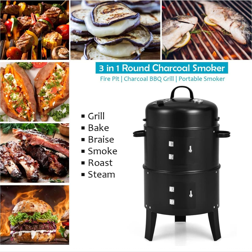 3-in-1 Charcoal BBQ Smoker, Outdoor Grill Cooker with Built-in ...