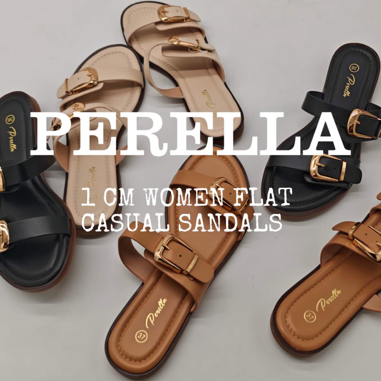 PERELLA Leather Double Buckle Design Flat Slide Sandals for Women ...