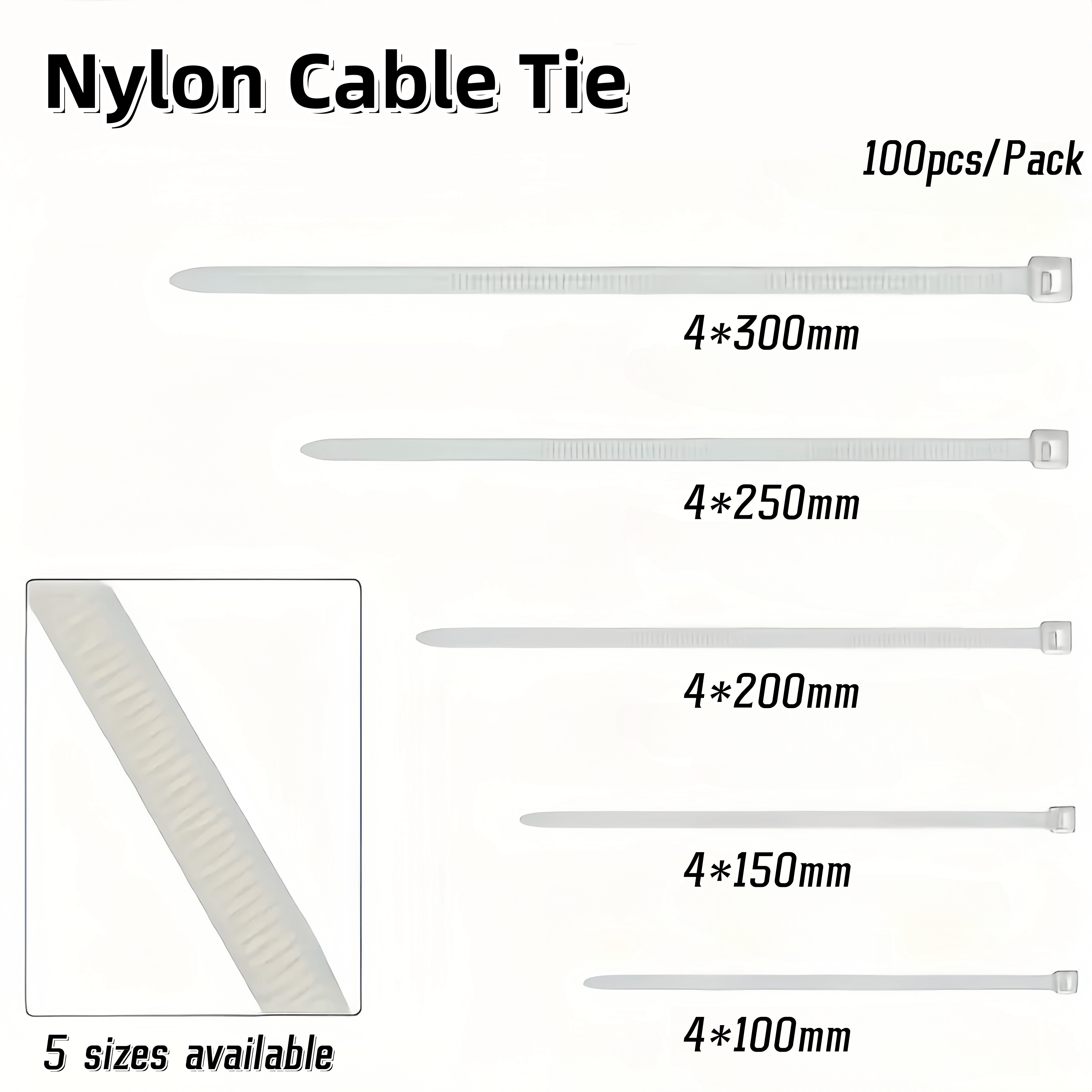 100pc/pack White Nylon cable Ties With Various Sizes Heavy Duty Nylon ...