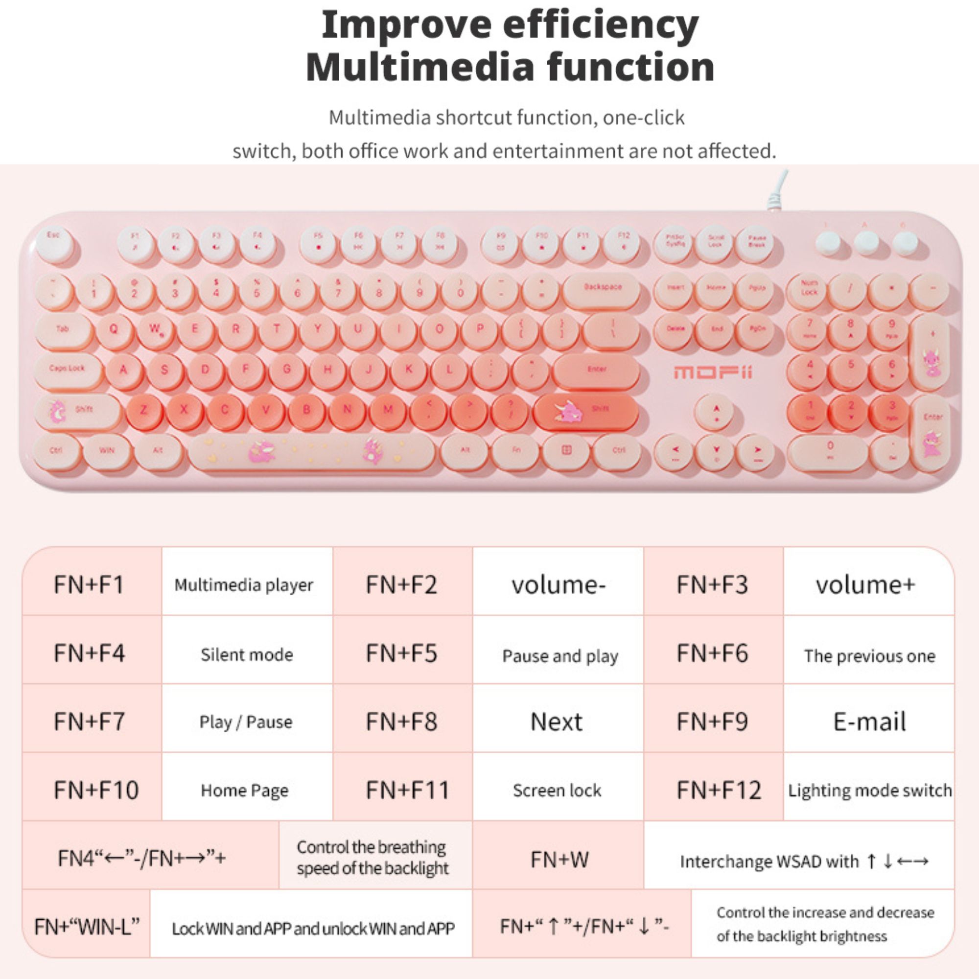 MOFII Love Me Wired Luminous keyboard Aesthetic Pretty keyboard Silent ...