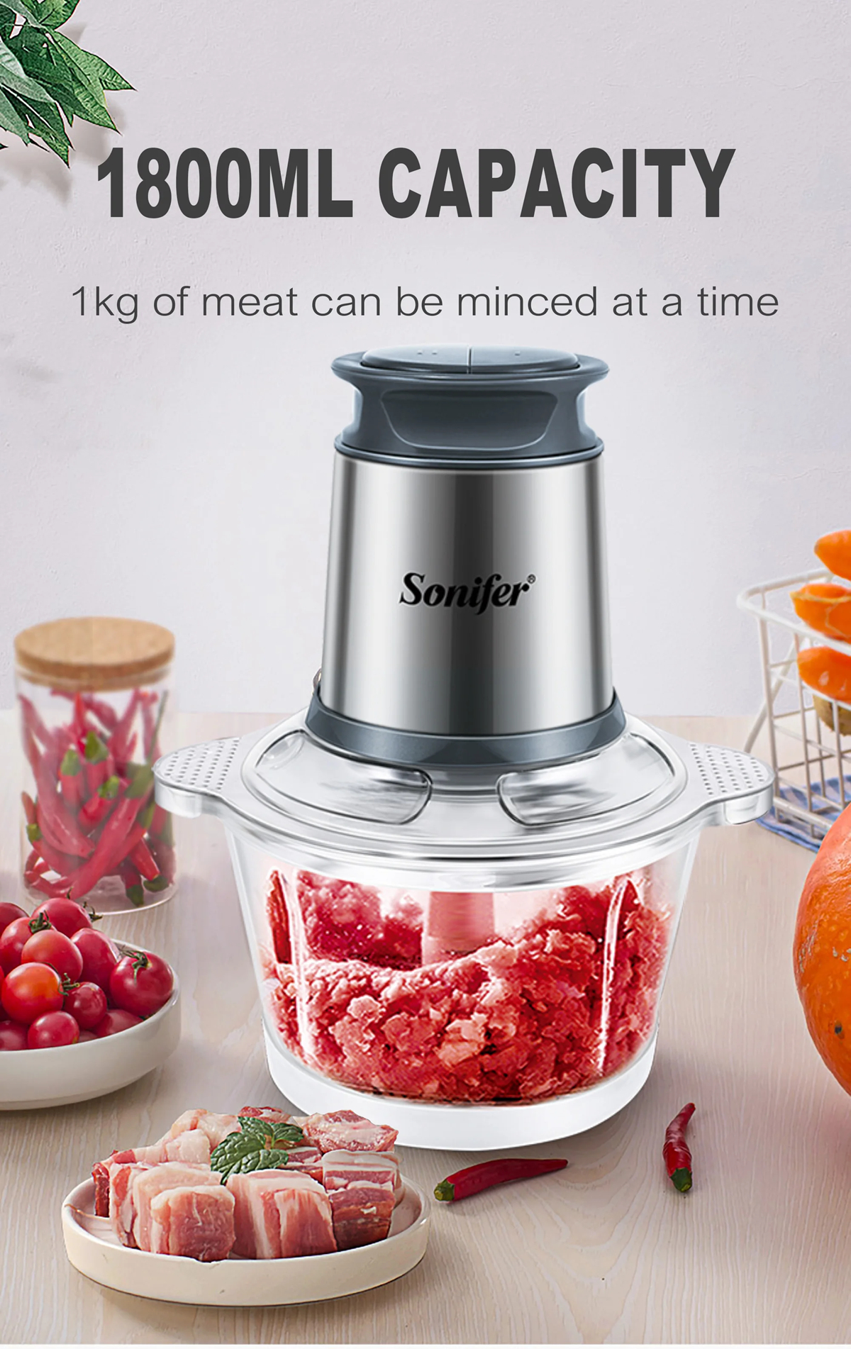 Sonifer Meat Grinder Food Chopper 2.5L 304 Stainless Steel Food Processor for Meat Vegetables ...