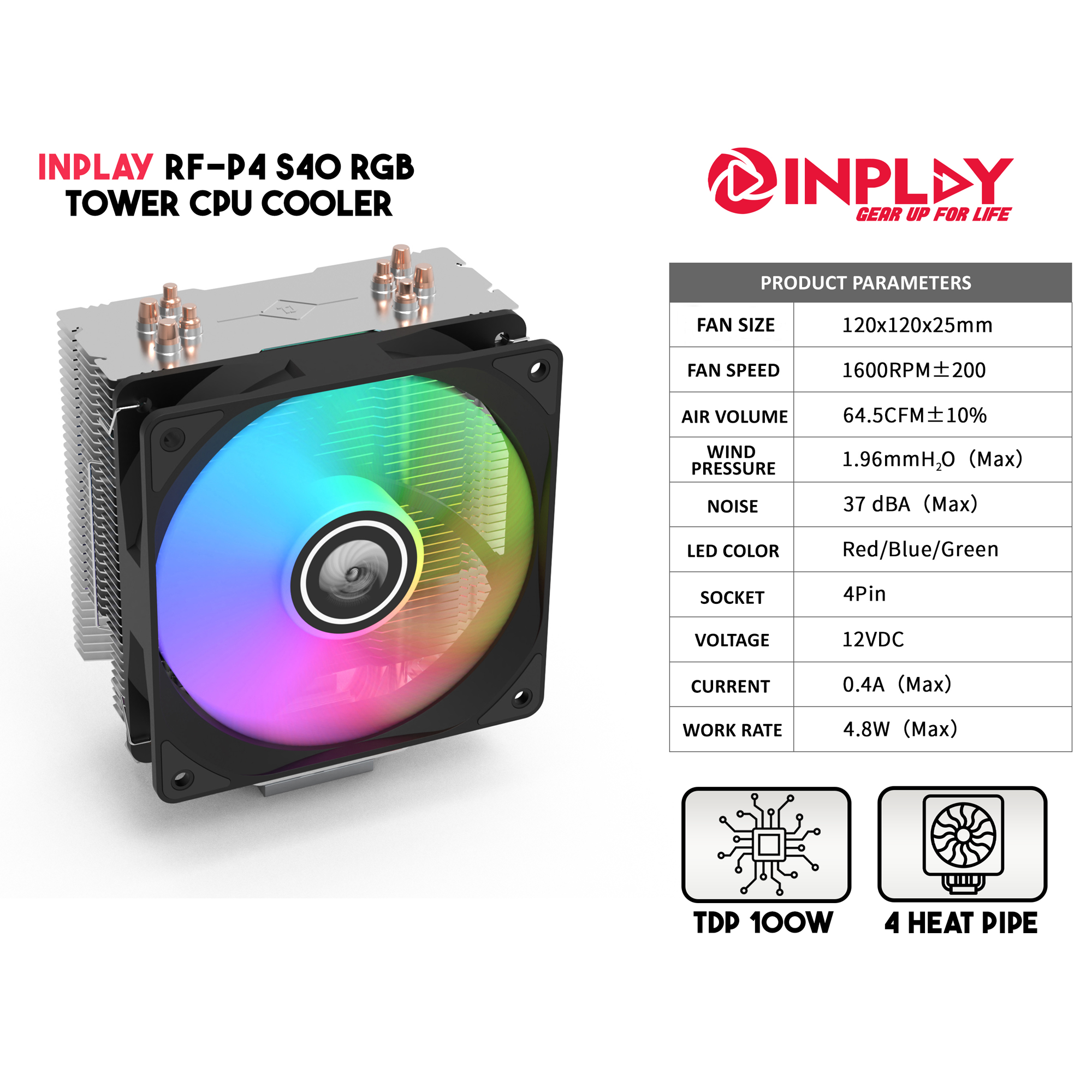 Inplay S40 TDP 140W 4 Copper RGB Processor Heatsink 4Pin For Intel ...