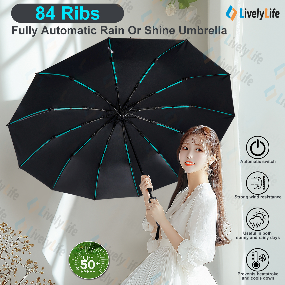 Lively Life Automatic Umbrella 84 Ribs Auto Open Umbrella UPF50+ Sunny Umbrella Anti-ultraviolet ...