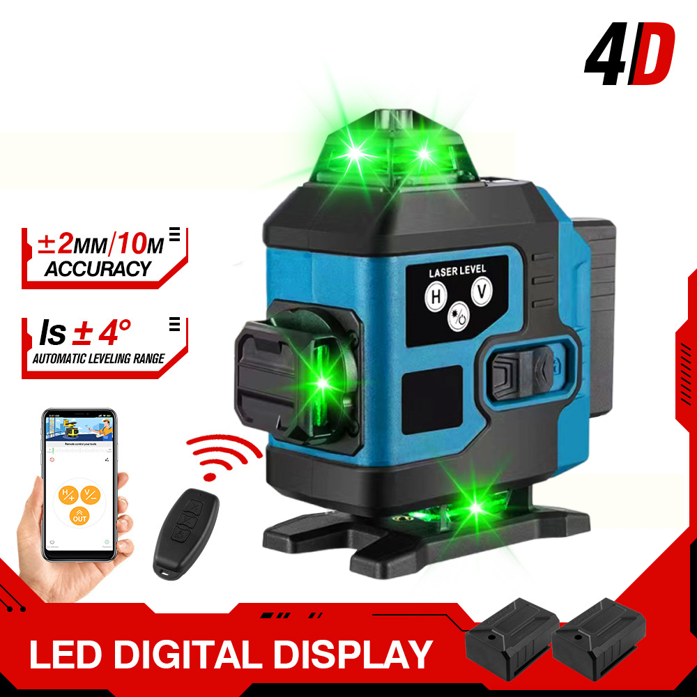 4D 16-wire strong green laser level gauge 360 degree rotation Measuring ...
