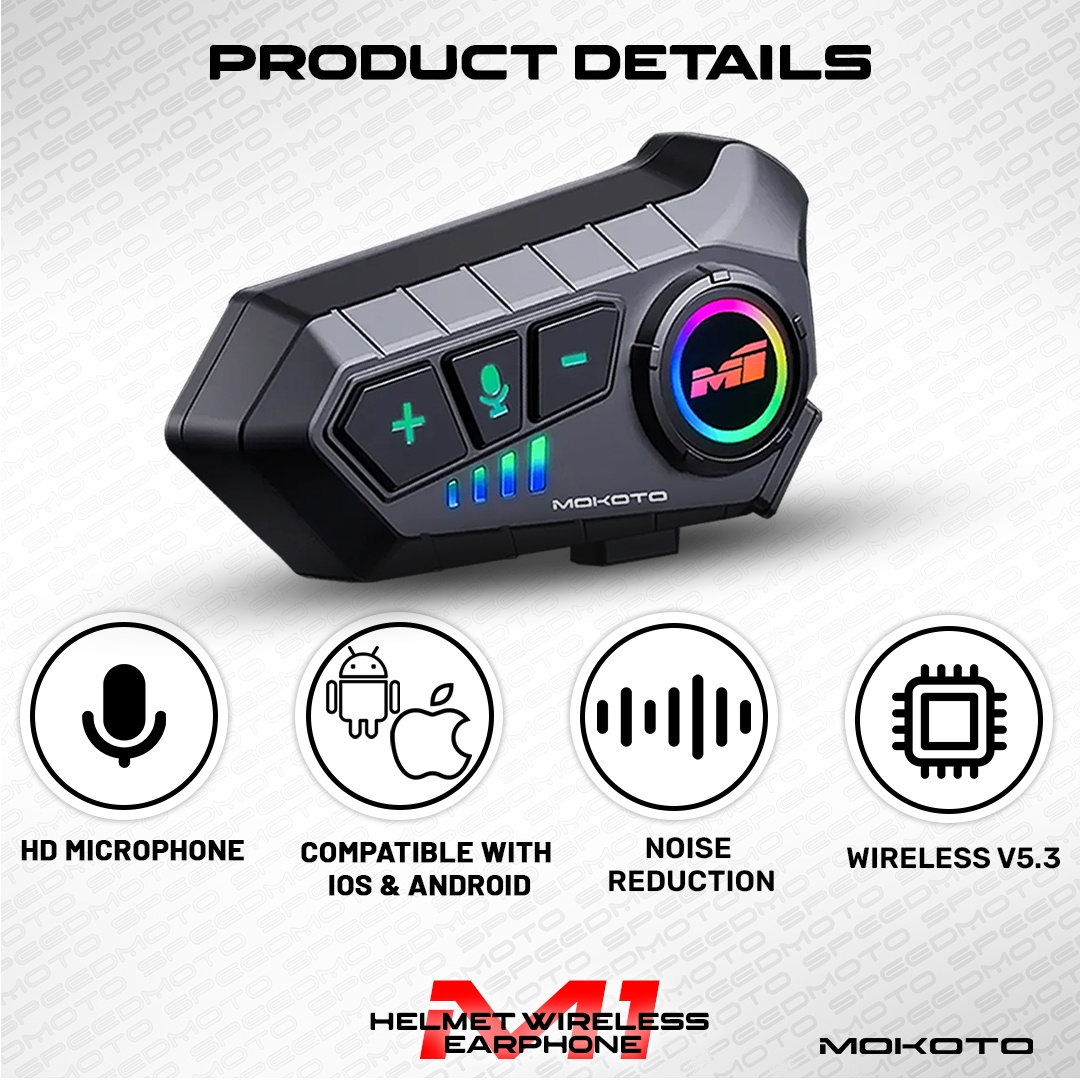 MOKOTO M1 HELMET BLUETOOTH WIRELESS EARPHONE V5.3 SOFT MIC MKT-11280 ...