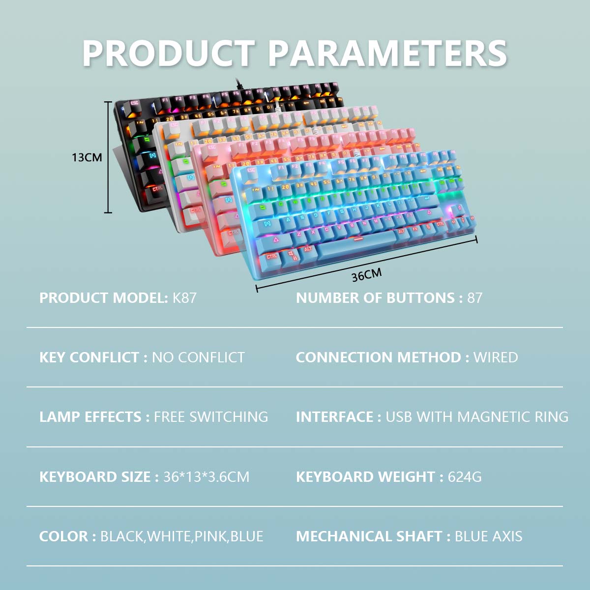 MKEPS GK80 Mechanical Keyboard 87Keys USB Wired Keyboards Gaming ...