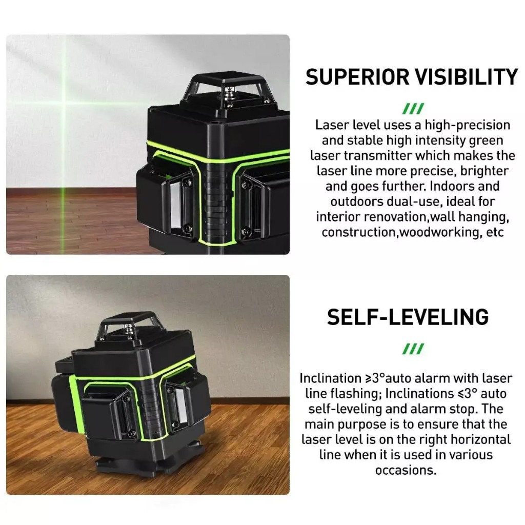 【24H Ship】12 / 16 Line Laser Level Green Light Self-Leveling 360 ...