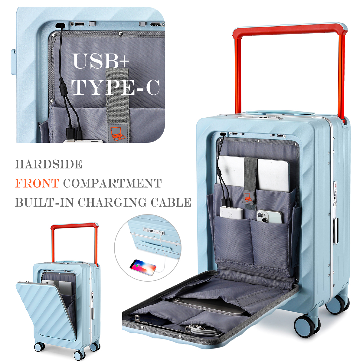 SeaChoice 20in Carryon Suitcase w/Front Laptop Pocket &USB Charging ...