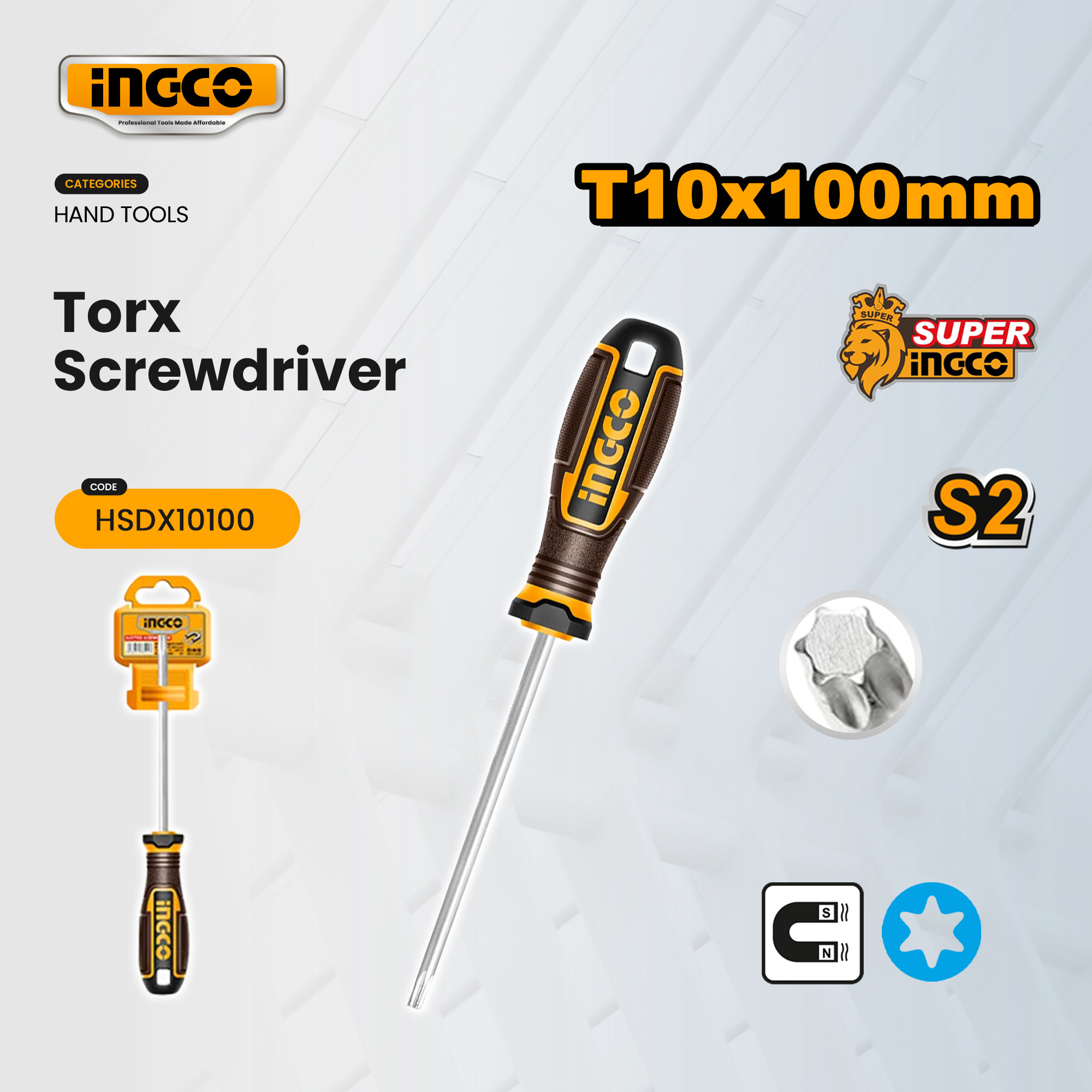 Ingco Torx Screwdriver T10x100mm Star Shape Tip Magnetic Screw Driver ...