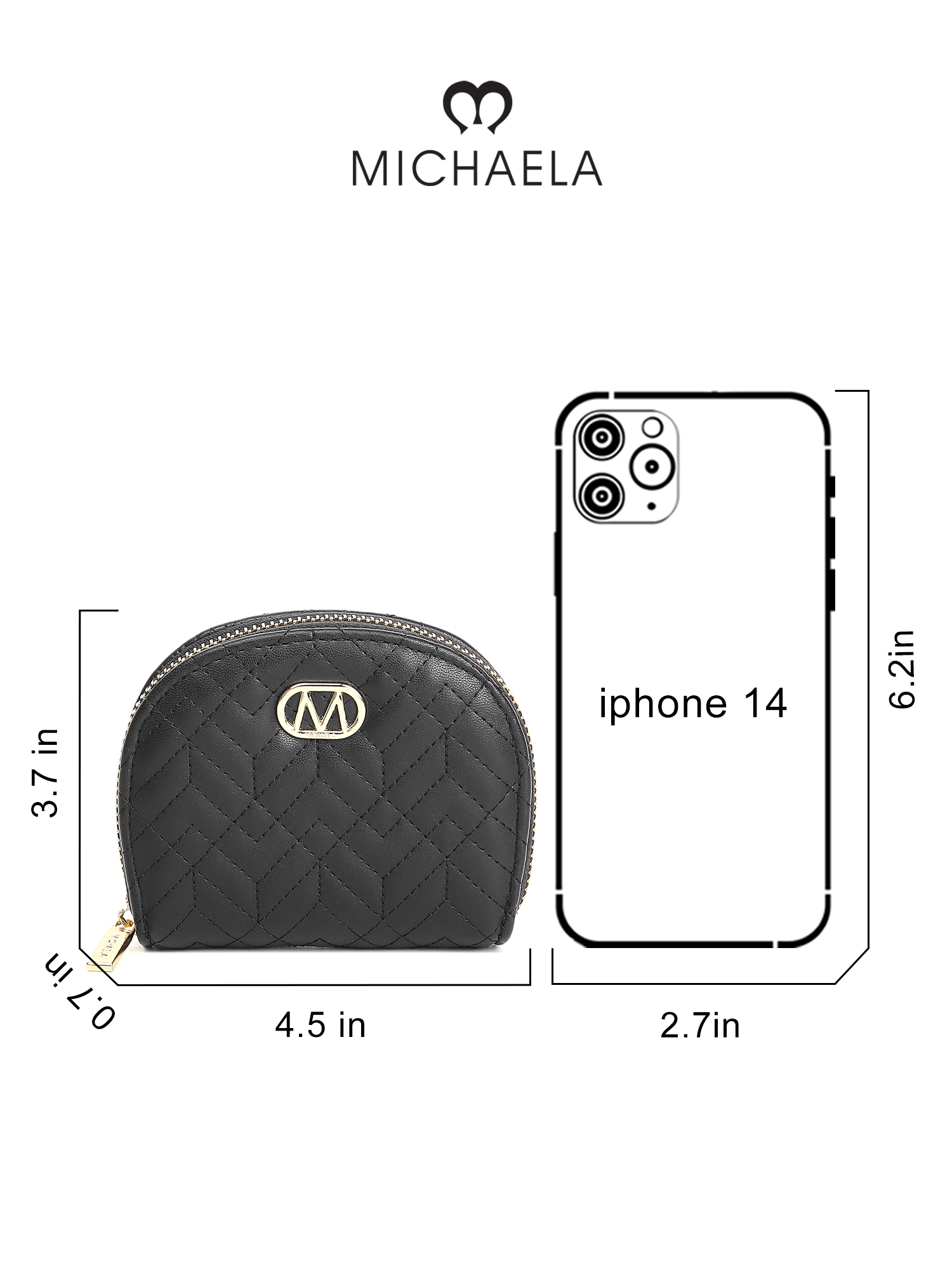 MICHAELA Semicircle Zipper Wallet Heart Quilted Chic Compact for Daily ...