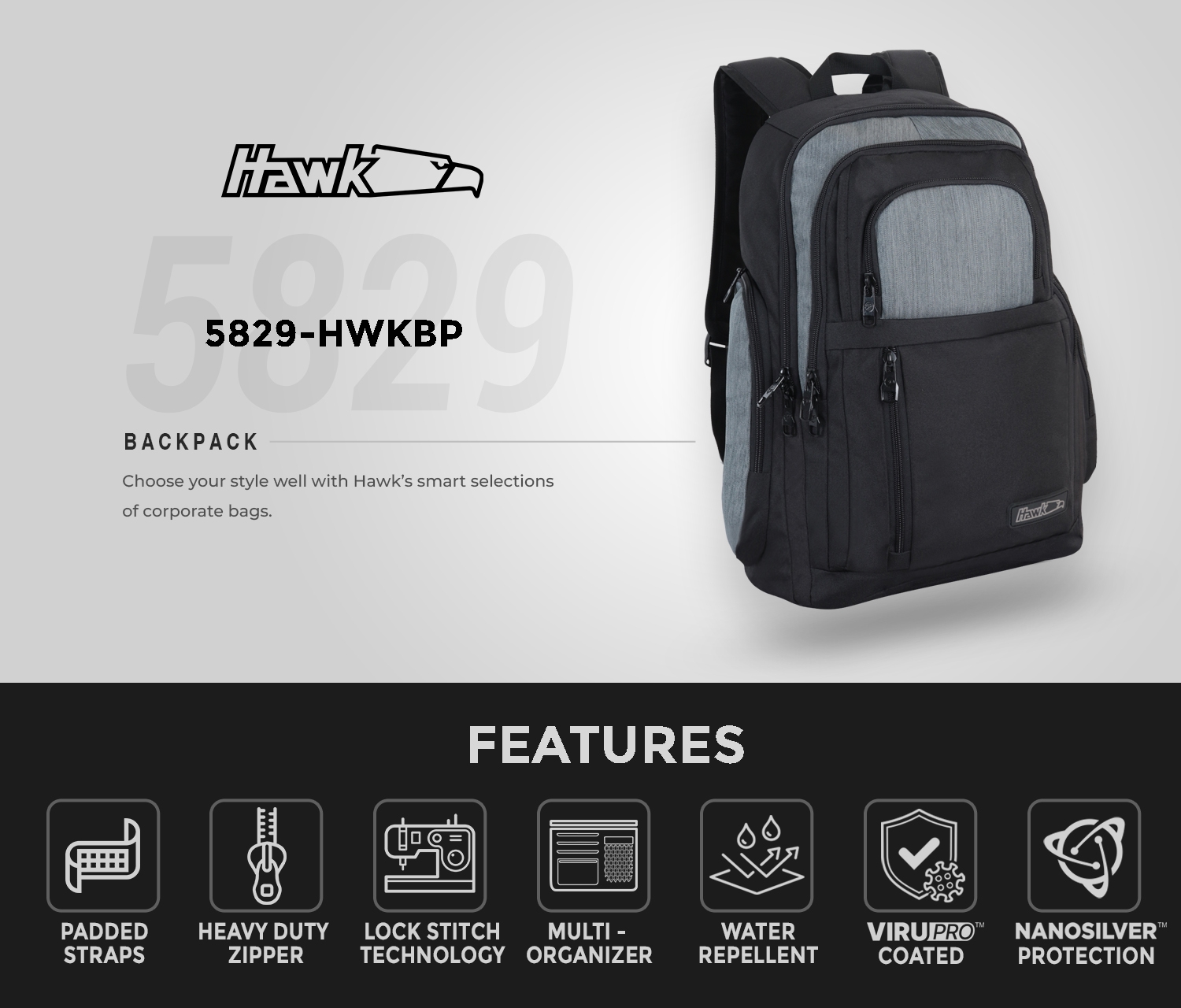 Hawk 5829 Corporate Backpack with VIRUPRO Anti-Microbial Protection ...