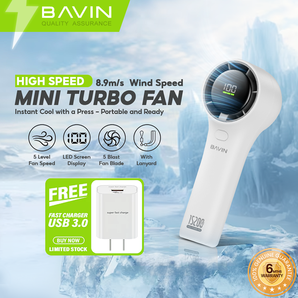 BAVIN BF003 Mini Handheld Turbo Portable Fan w/ Up to 5 Gears Strong Wind Speeds & Free Charger ...
