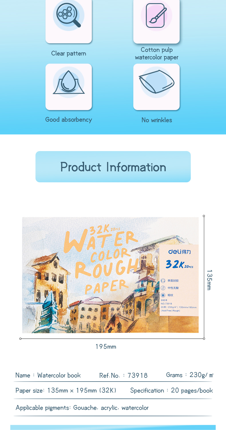 Deli 32K/16K/8K Watercolor Book 20 Sheets Drawing Book Blank Sketch ...