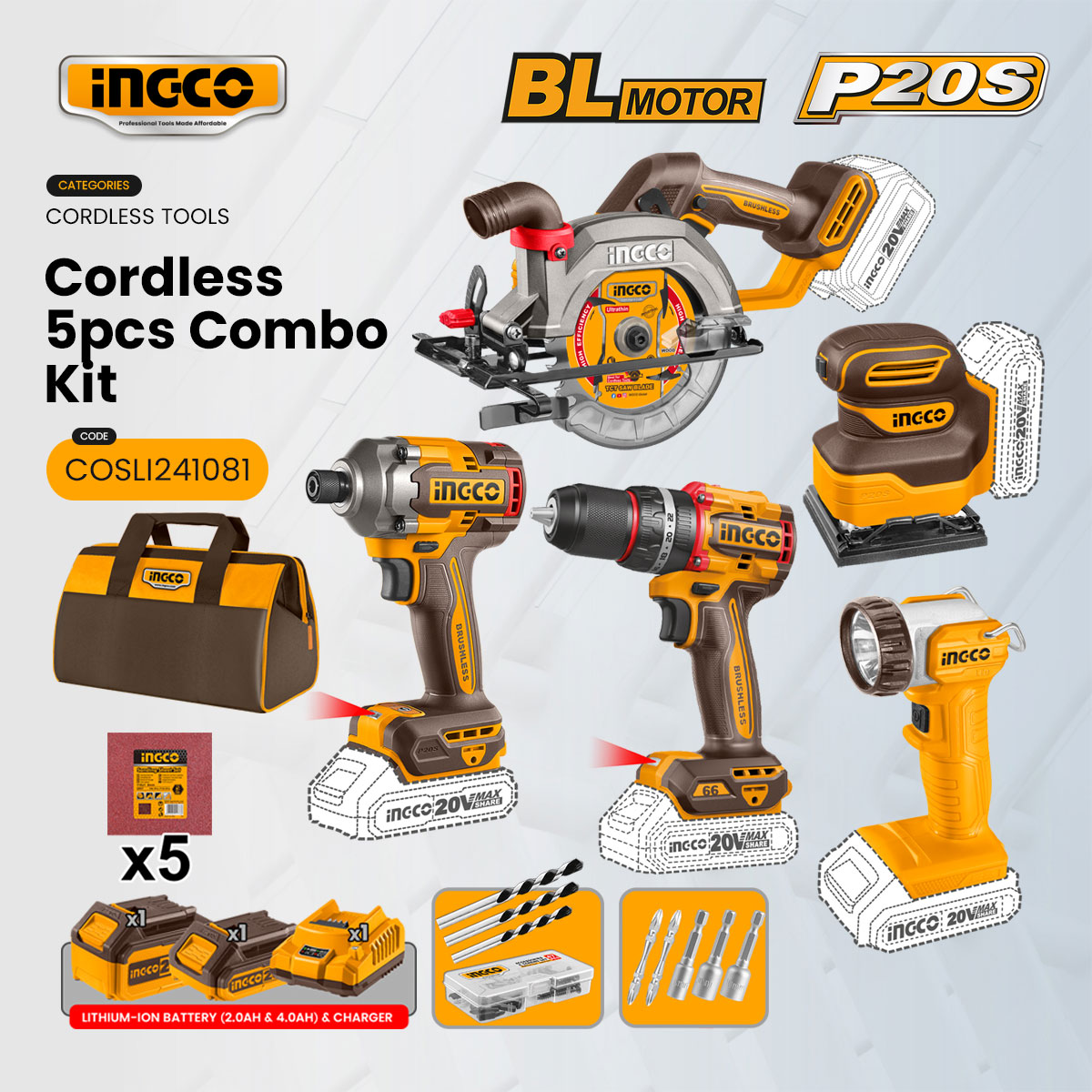 Ingco 5pcs 20V Cordless Combo Kit Impact Drill w/ Circular Saw Impact ...