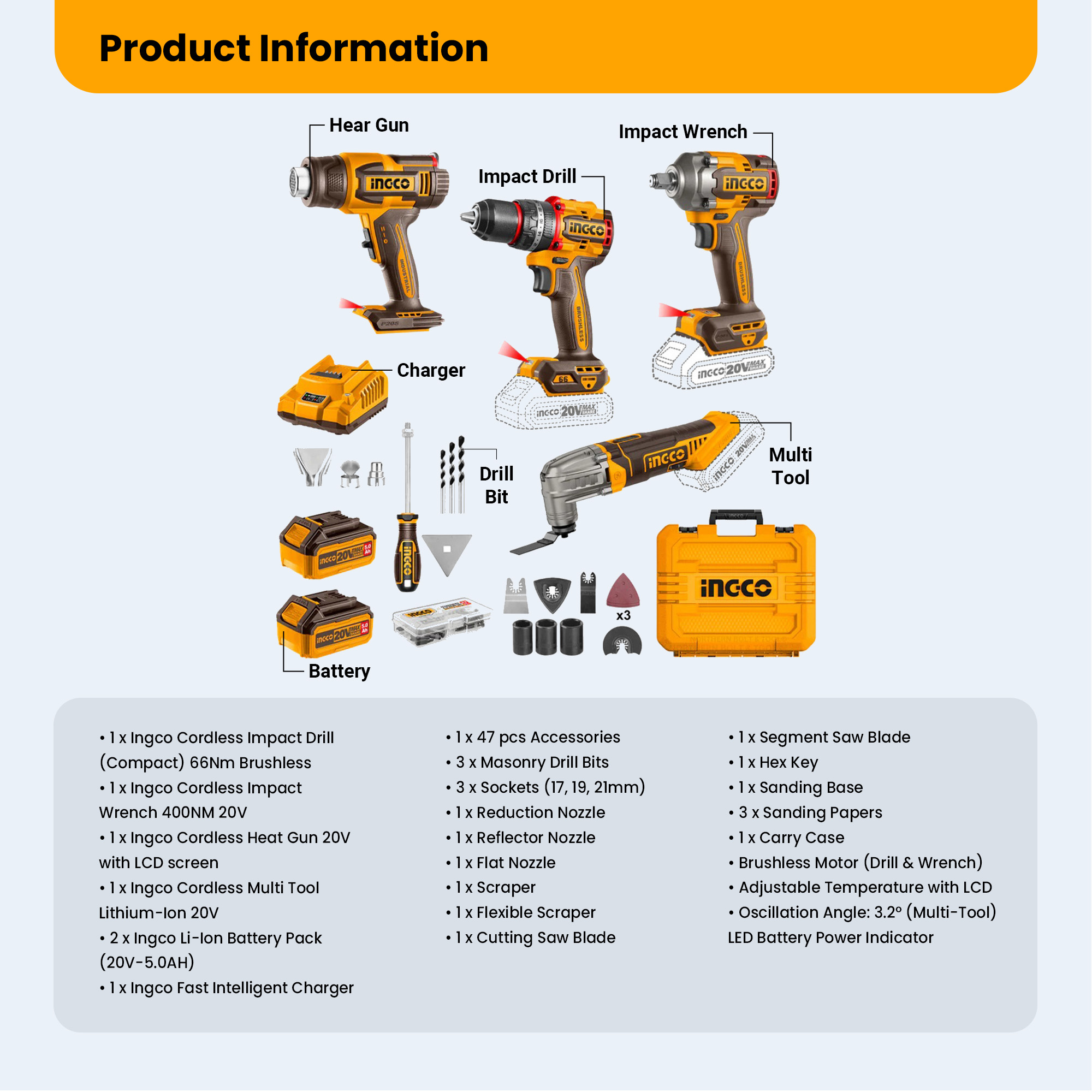 Ingco 4pcs Cordless Combo Kit Brushless Impact Drill w/ Impact Wrench ...