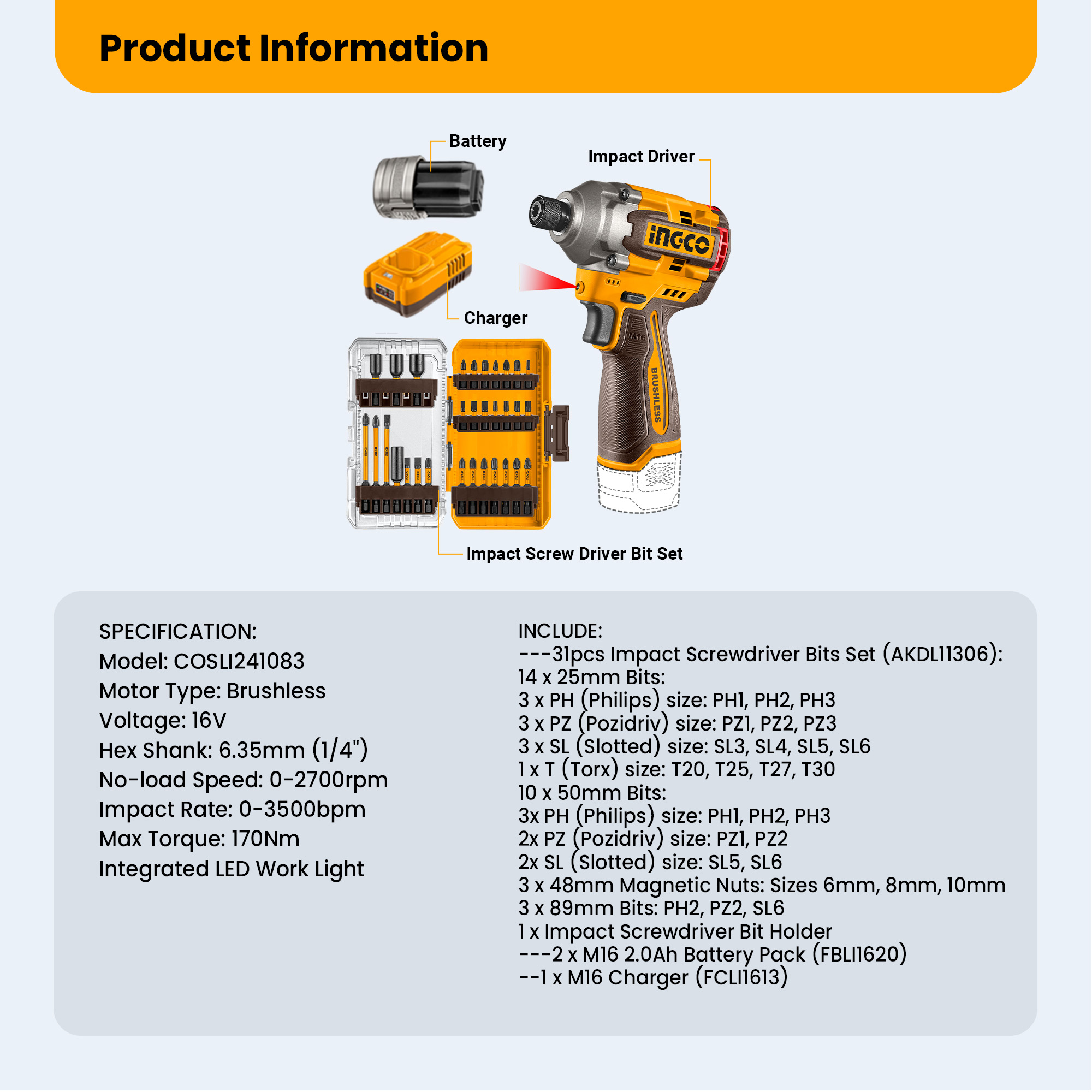 Ingco 170Nm 16V Compact Brushless Cordless Impact Driver Rechargeable ...