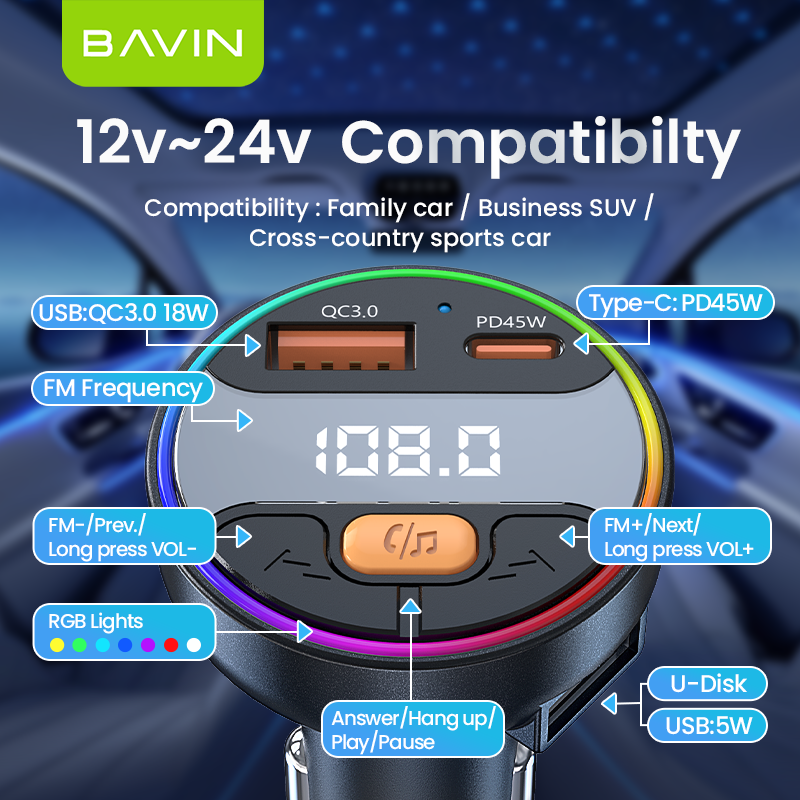 BAVIN PC2079 45W PD + QC 3.0 Ultra-Fast MP3 Car Charger w/ 7-Color RGB ...