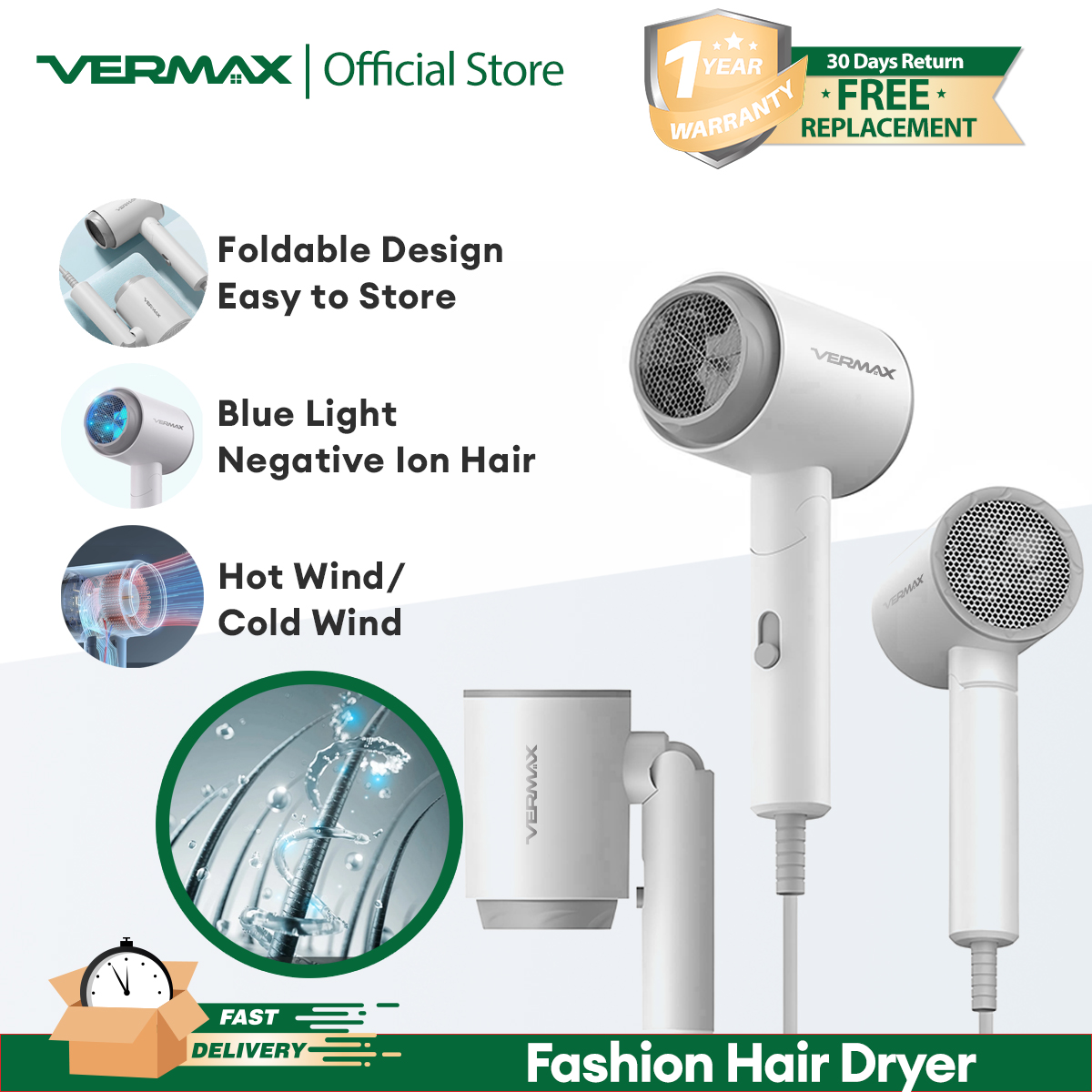 Vermax Foldable Hair Dryer Mini Blow Dryer Negative Ionic Handle Travel ...