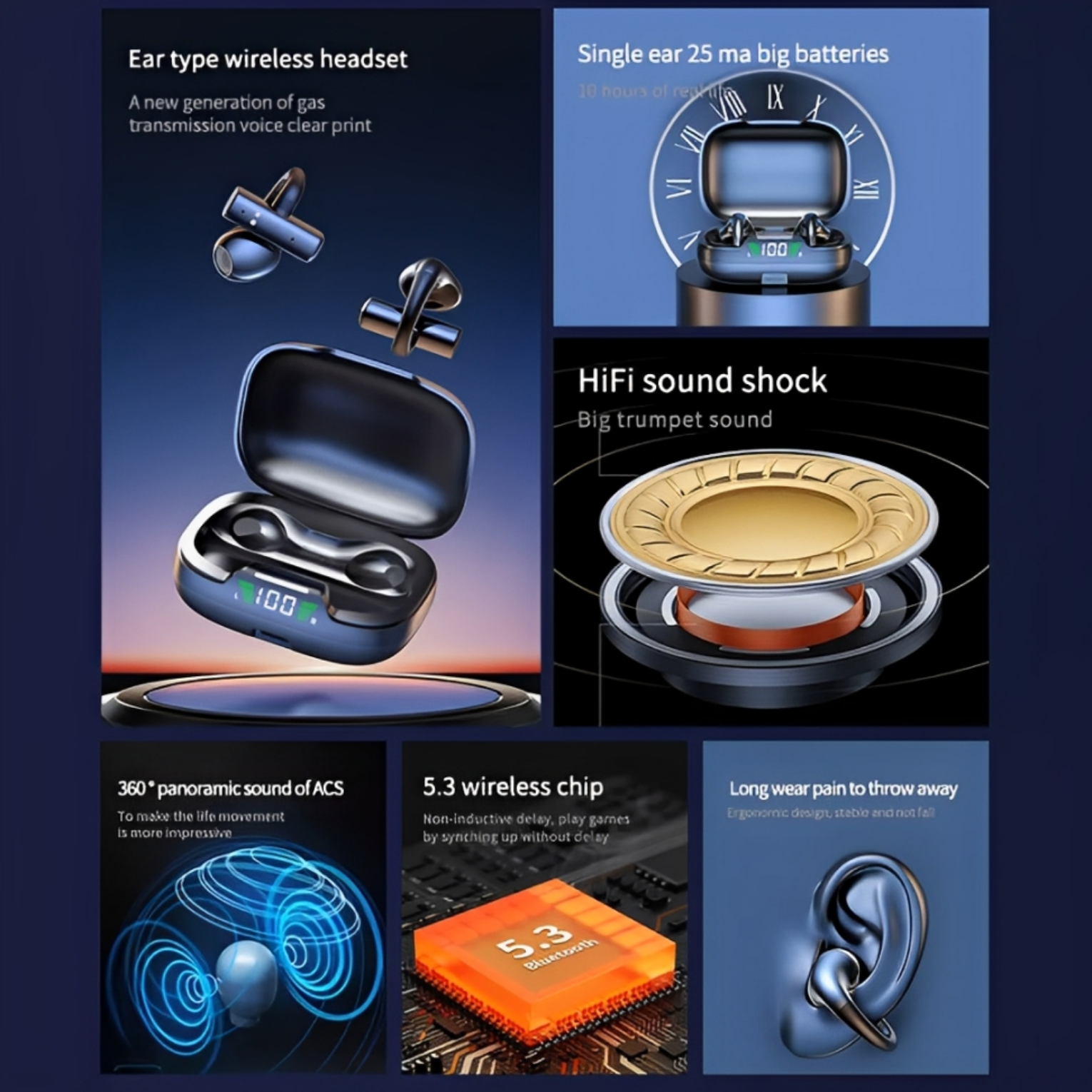 JR03 Hi-Fi Clip On Bluetooth Earbuds Wireless Ear Hooks Bone Conduction ...