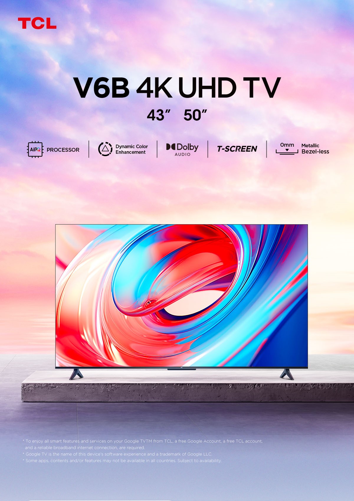 TCL V6B 4K Smart Google TV - (HDr, Voice control, Netflix, Youtube, Chromecast, Dolby) 43 50 65 ...