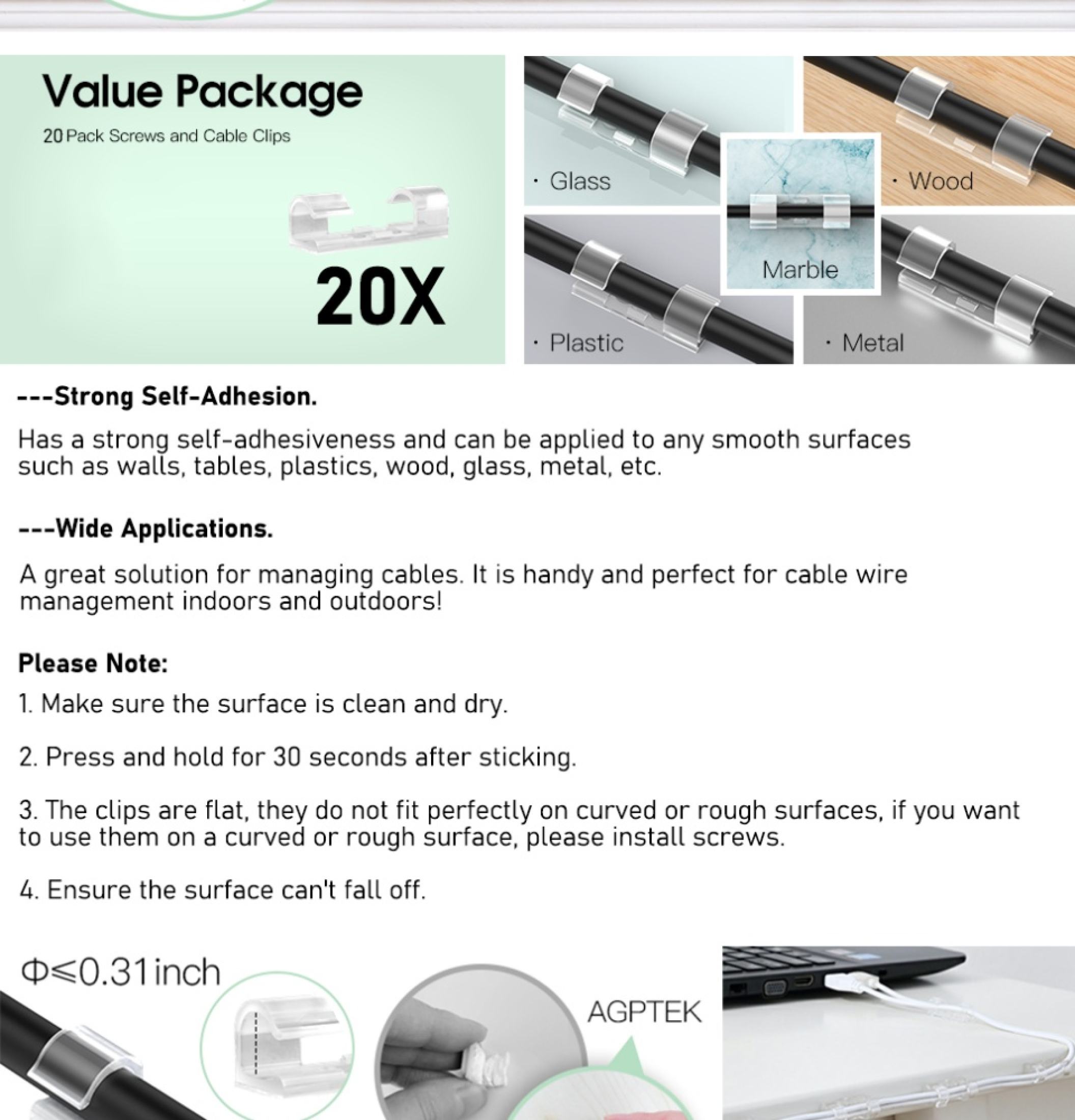 20PCS Cable Organizer Clips Cable Management Desktop &Workstation Wire ...