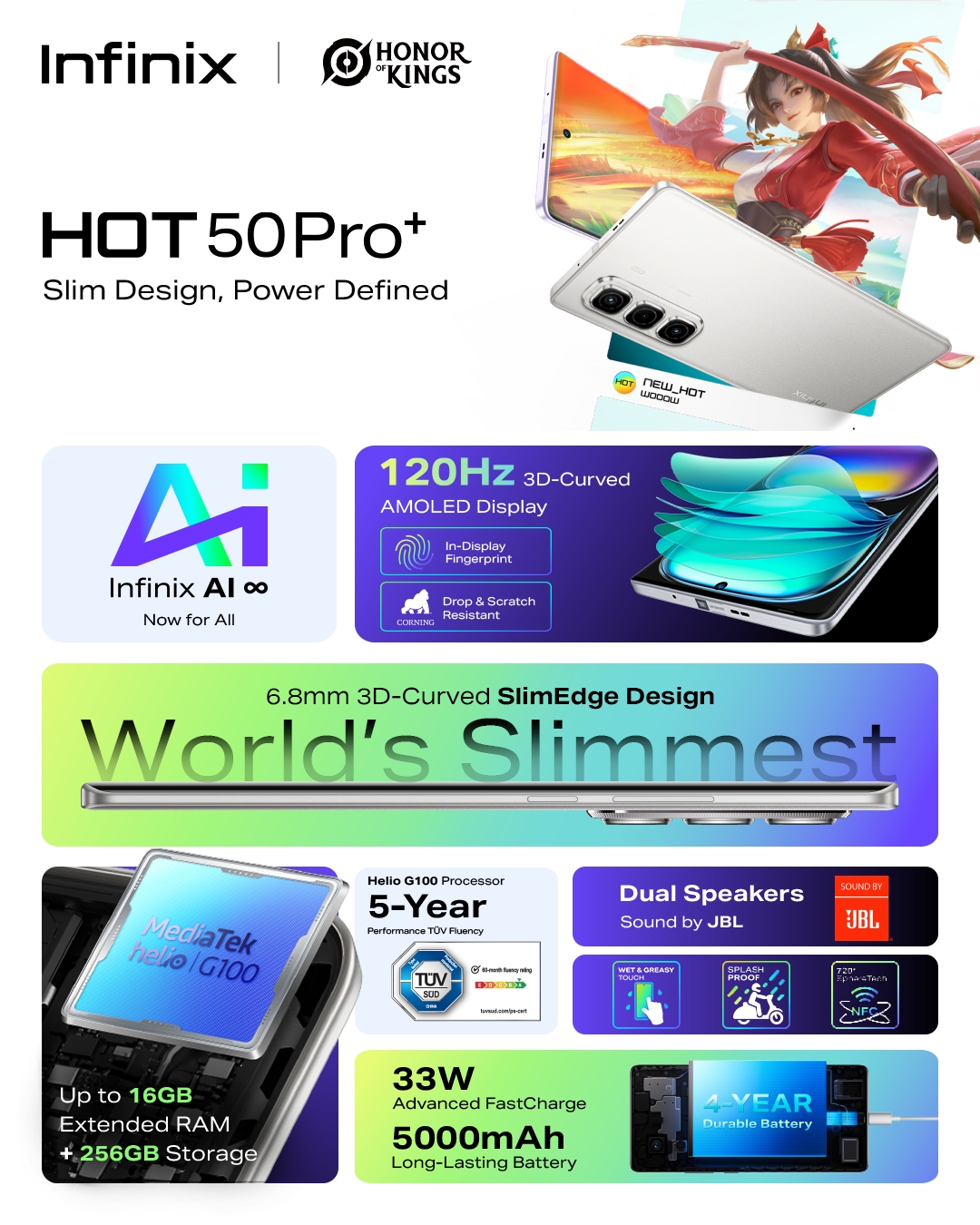 Phone HOT 50 Pro+, Smartphoneup to 16GB [8GB + 256GB], Helio G100 ...