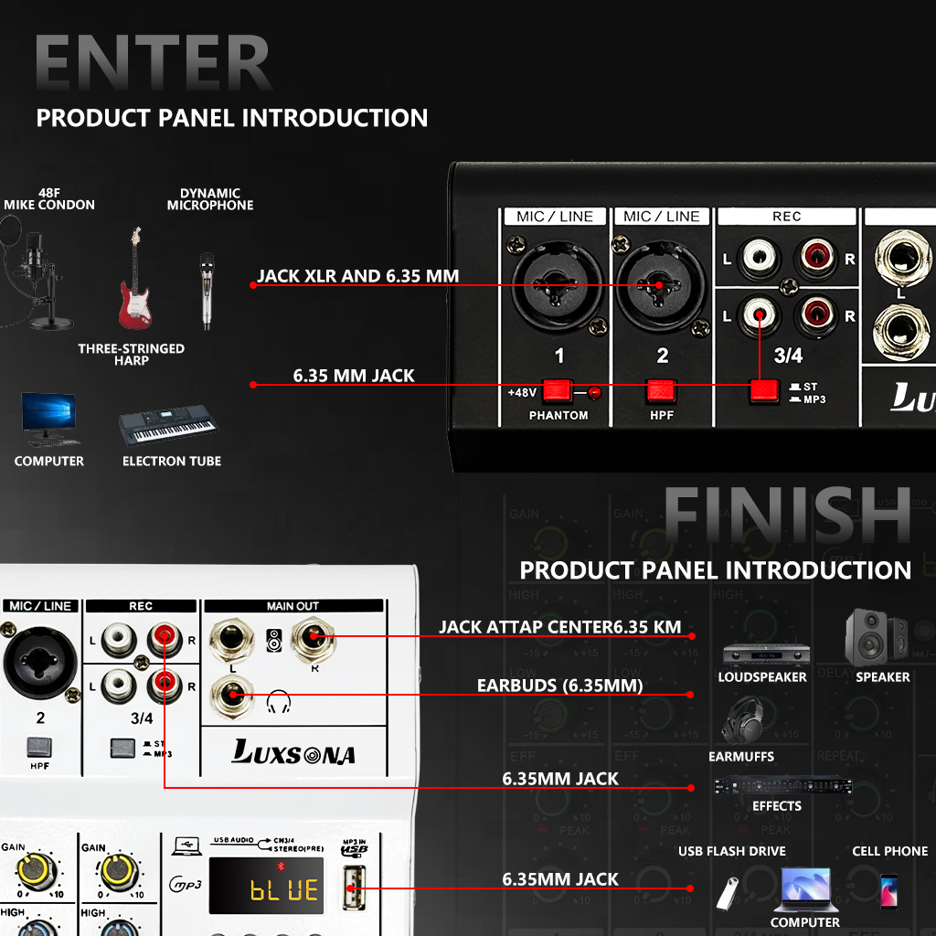 Professional Audio Mixer USB 4 Channel Mixer with Bluetooth KTV ...
