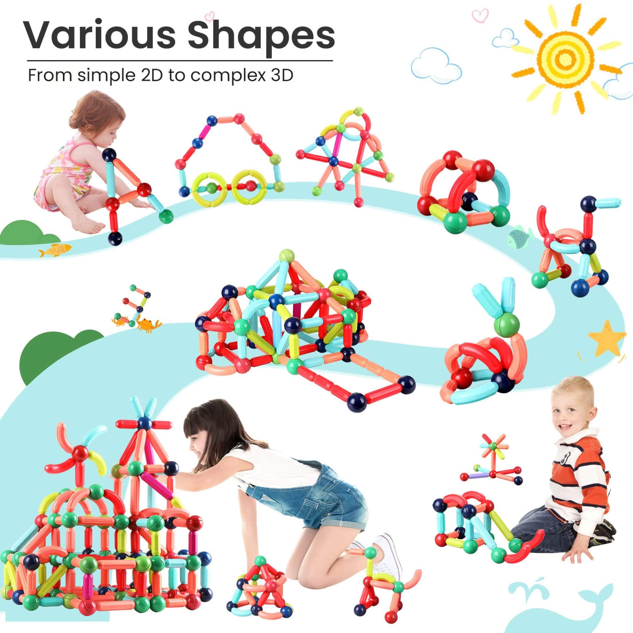 64Pcs Kids Magnetic Stick Balls 3D Geometric Sensory Assembly Toy kids ...