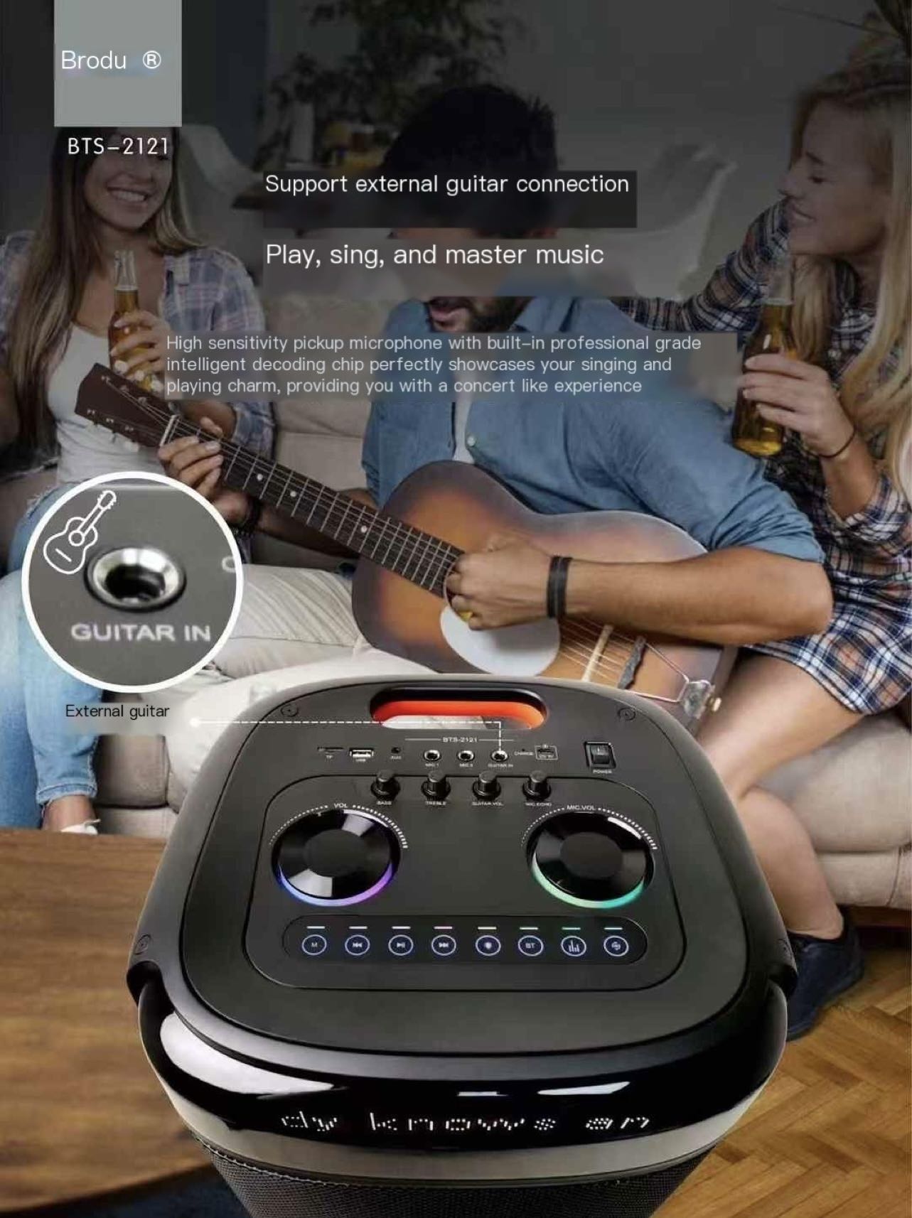 Brodu BTS-2120 Double bass Bluetooth karaoke speaker with Lyrics prompt screen Free 2 Wireless ...