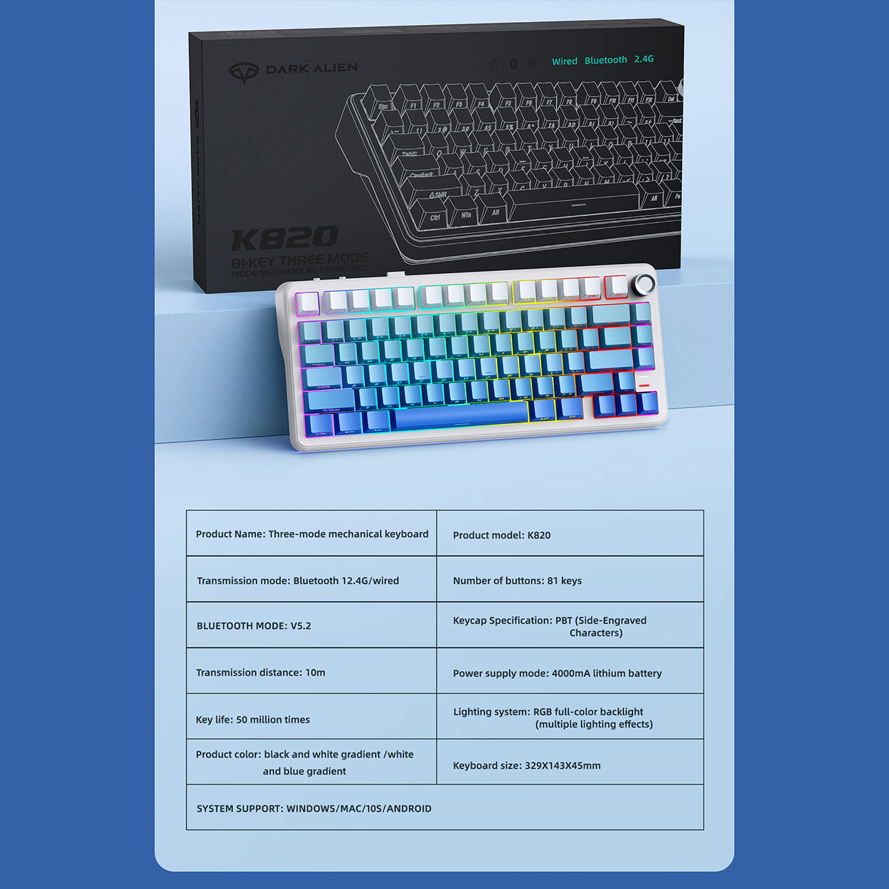Dark Alien K820 81 KEY Tri Mode Gasket Wireless Wired Hot Swappable ...