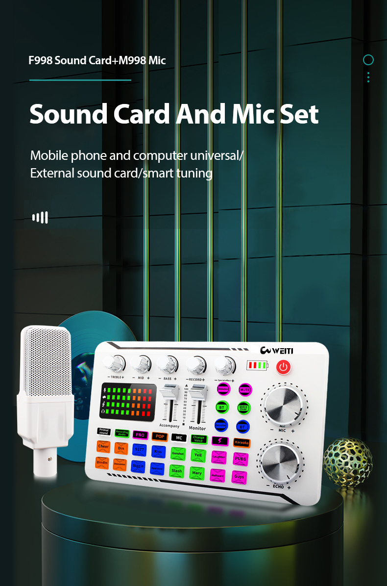 KOORFLY F998 PRO Live Sound Card Mic Kit Professional Sound Mixer Mic ...