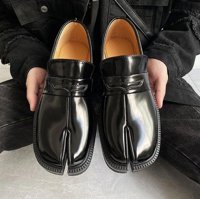 Thick-Soled Tabi Split-Toed Shoes British Style Genuine Leather Pig ...