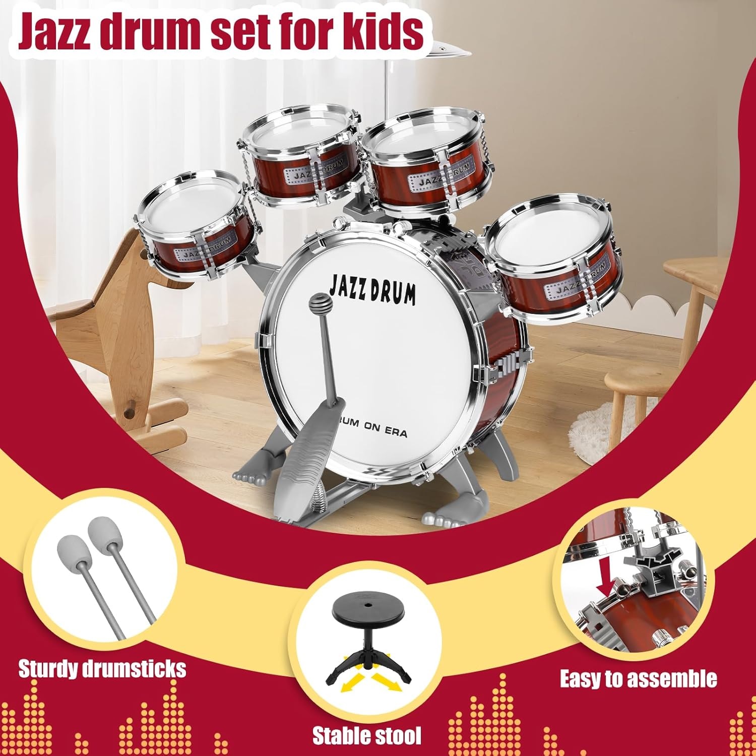 Toddler Drum Kit Kids Toy Jazz Drum Set 5 Drums with Stool Birthday ...