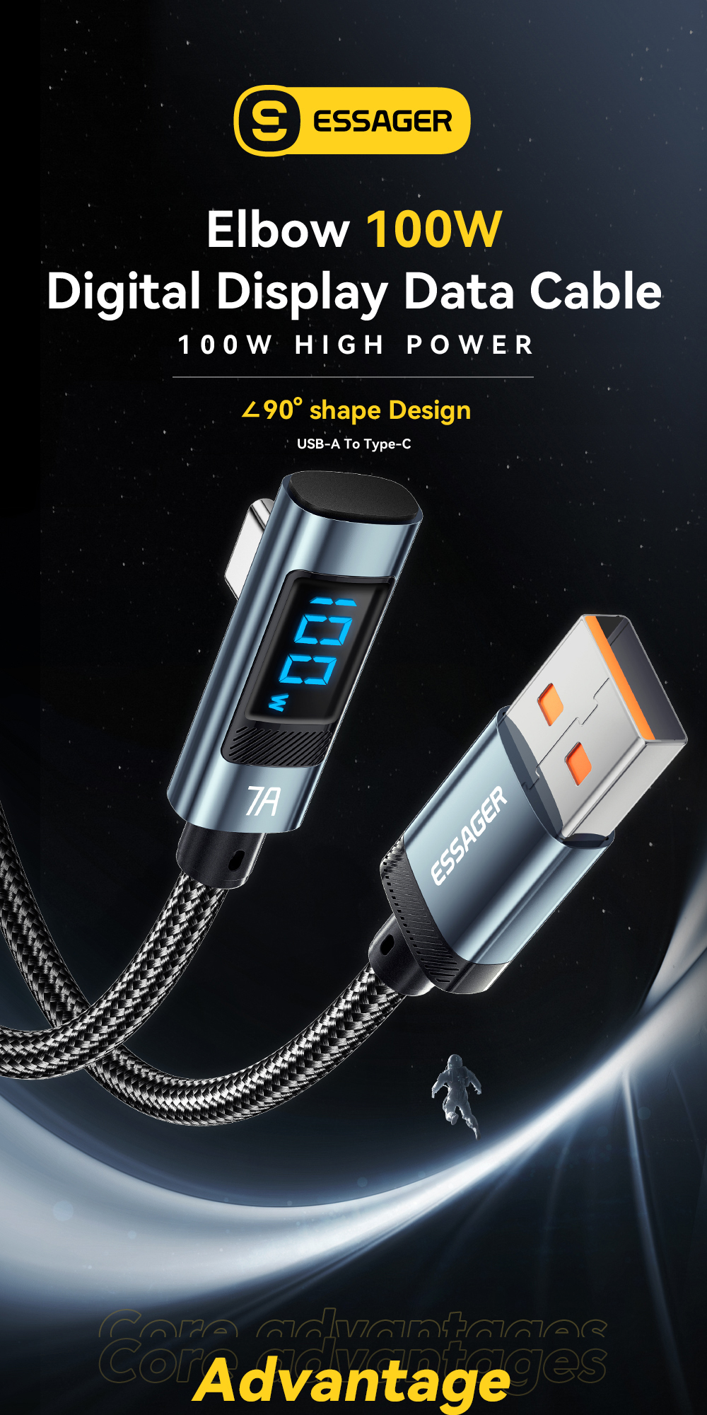 Essager 100W 7A Elbow A/C To Type C Fast Charging Cable Digital Display ...