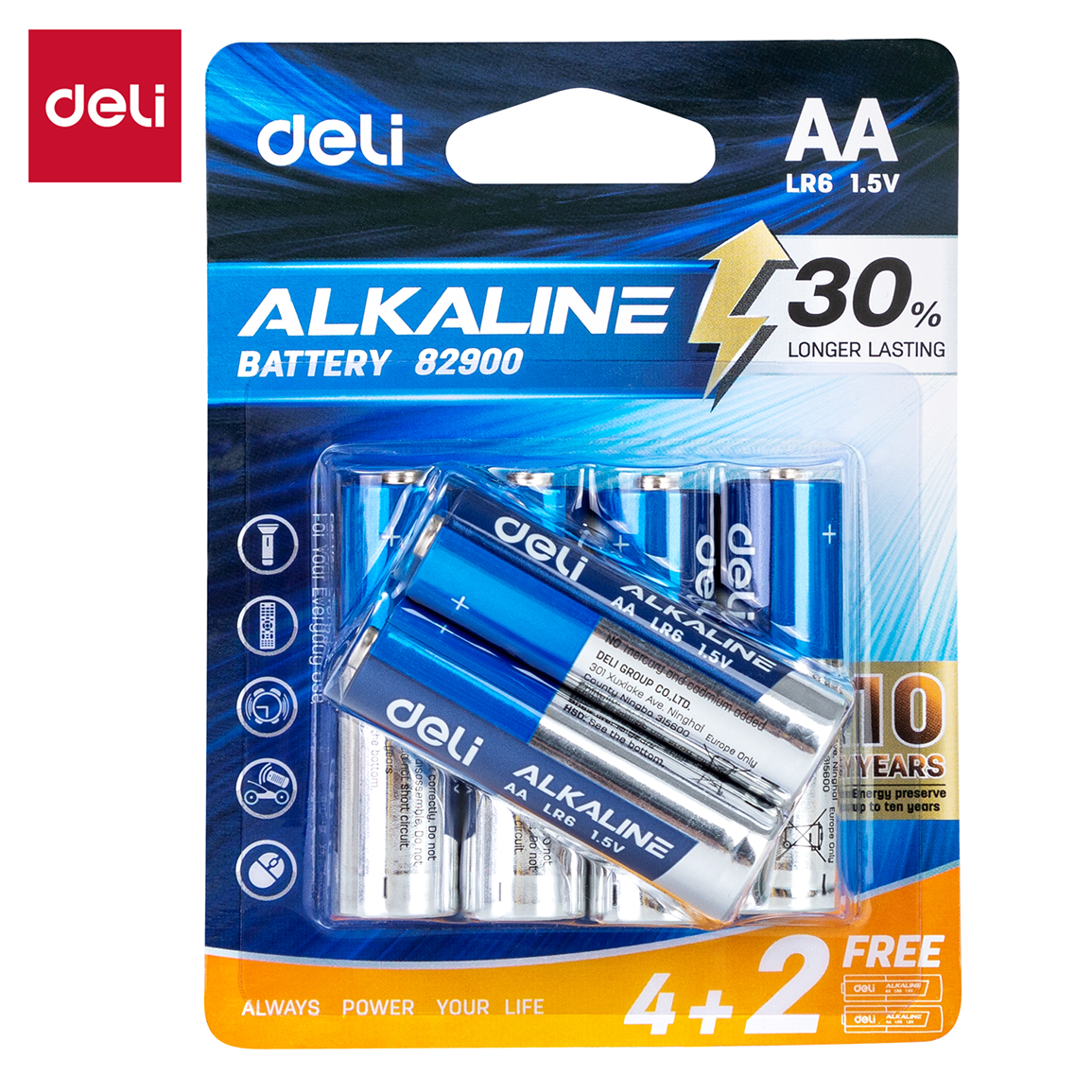 Deli 82900 Alkaline Battery AA LR6 4+2pcs 1PACK [7982900] | Shopee ...