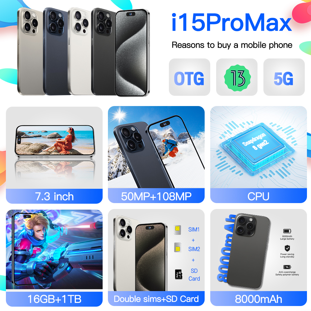 2025 Brand New i15 pro max cellphone 16GB+512GB smartphone 6800mAh 48MP Camera Original phone ...